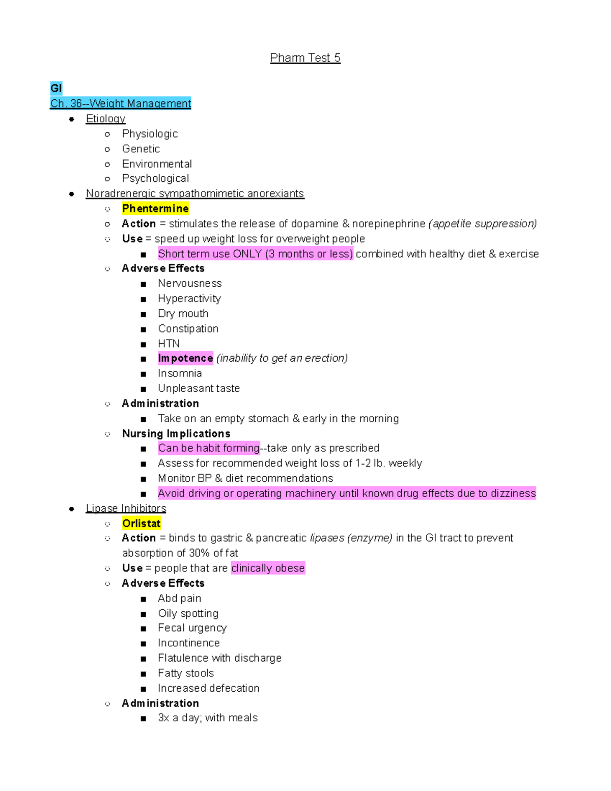 GI and Cardiac Medications - Pharm Test 5 GI Ch. 36-Weight Management ...