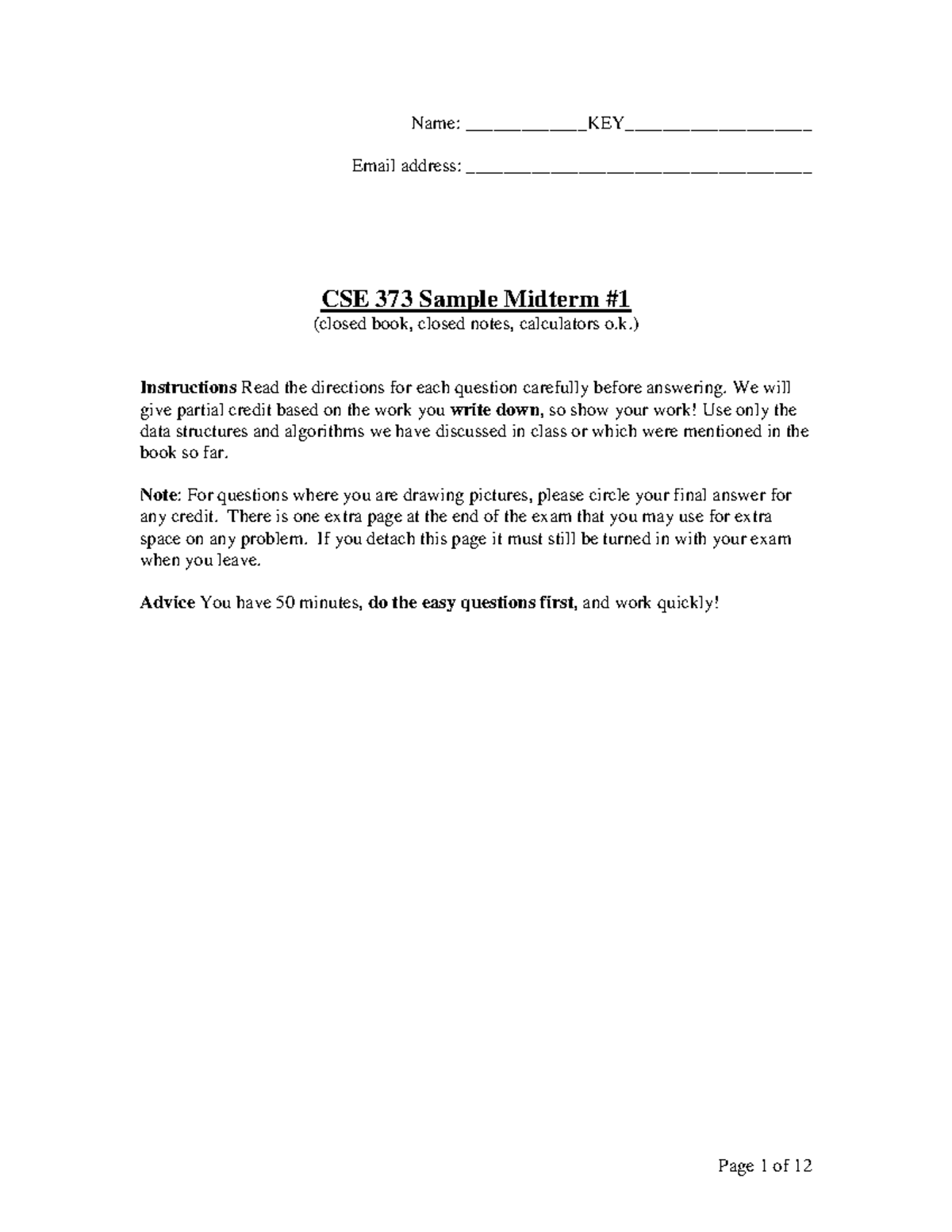 Sample-midterm 1-key - comp 352 work - Name: KEY_______ Email address: - Studocu