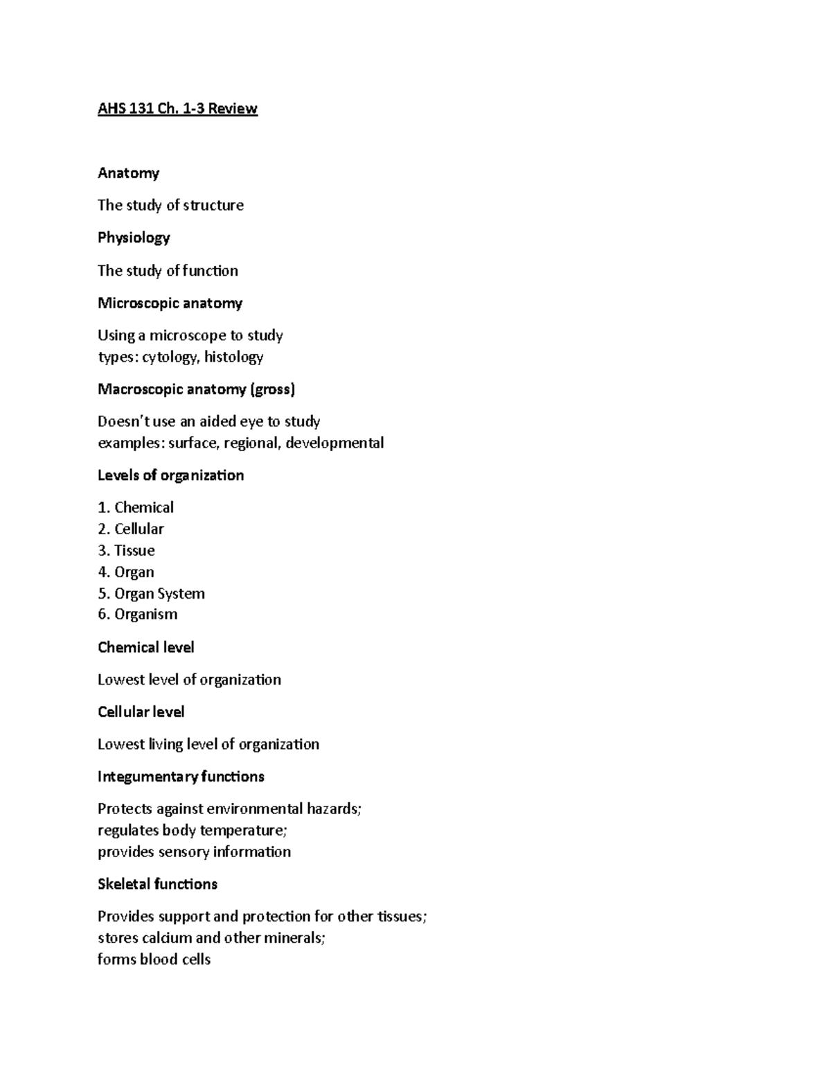 AHS 131 Ch 1,23 - NOTES/REVIEW - AHS 131 Ch. 1-3 Review Anatomy The ...