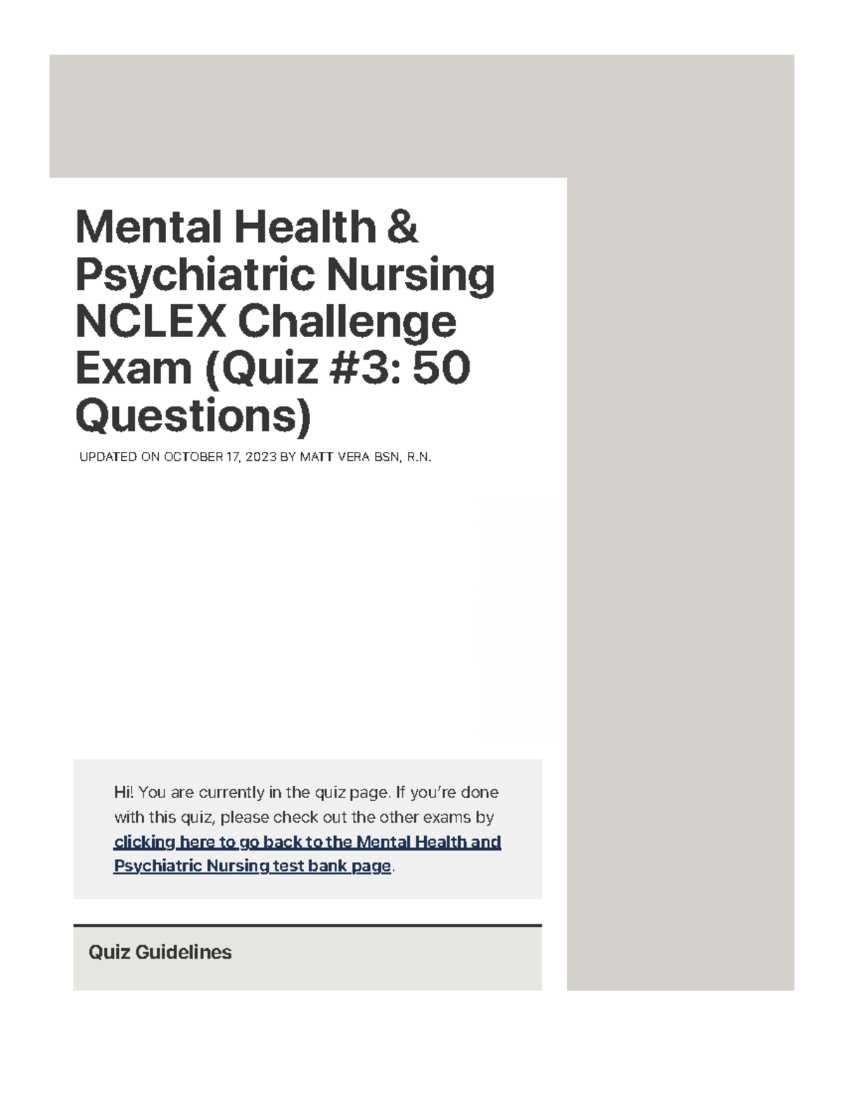 Mental Health & Psychiatric Nursing Nclex Challenge Exam (Quiz #3- 50 ...