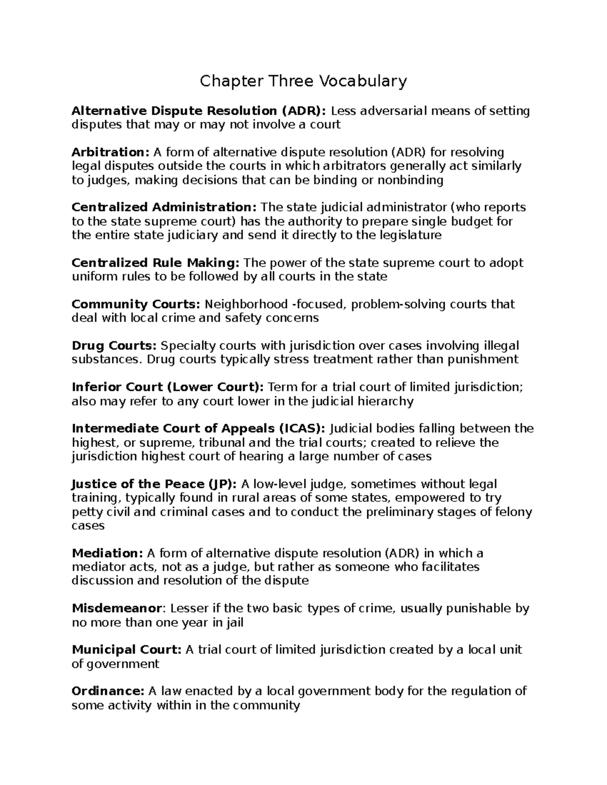 Chapter 3 Vocabulary - Chapter Three Vocabulary Alternative Dispute ...