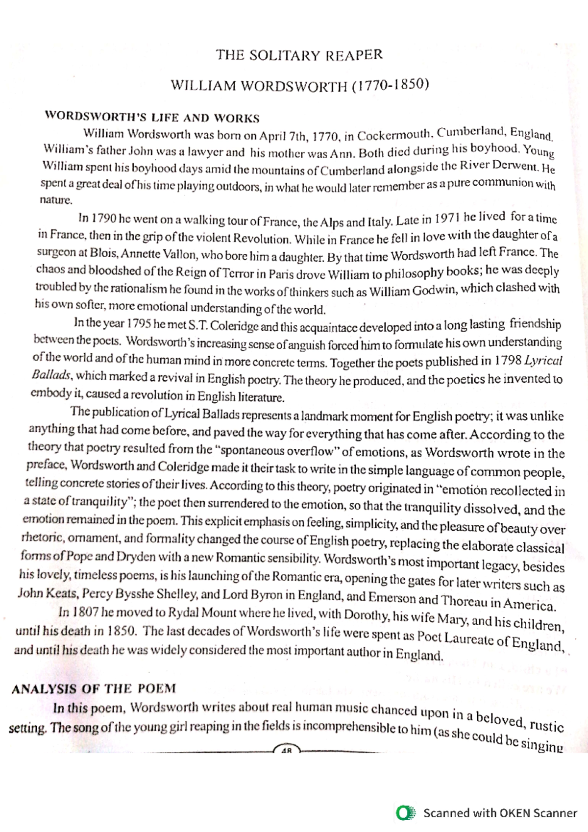 The Solitary Reaper William Words Worth - Poem Analysis - B.Com - Studocu