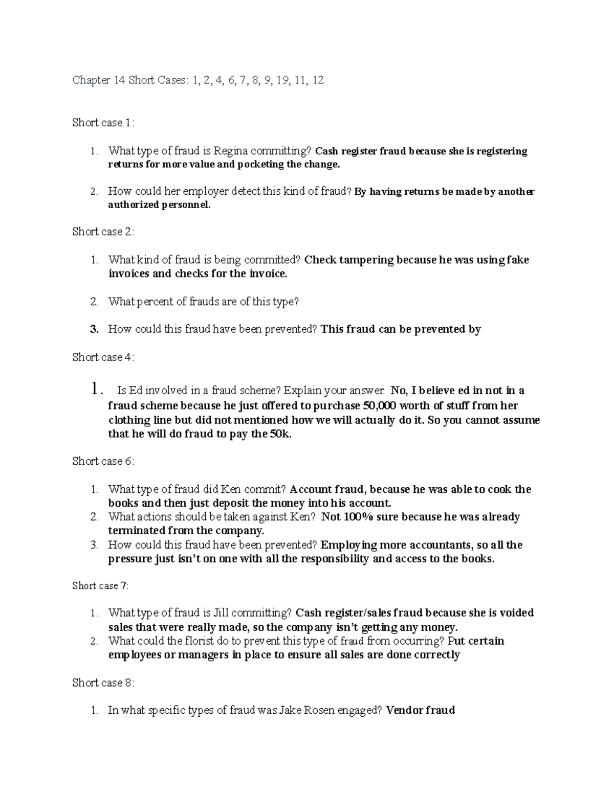 Chapter 14 Short Cases - Chapter 14 Short Cases: 1, 2, 4, 6, 7, 8, 9 ...