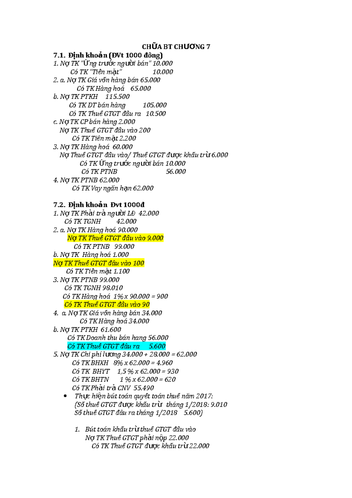 CHỮA BT CHƯƠNG 7 - chữa btap nlkt giáo trình chương 7 - Đ nh khoị ản (ĐVt 1000 đồồng) 1. N ợ TK ...