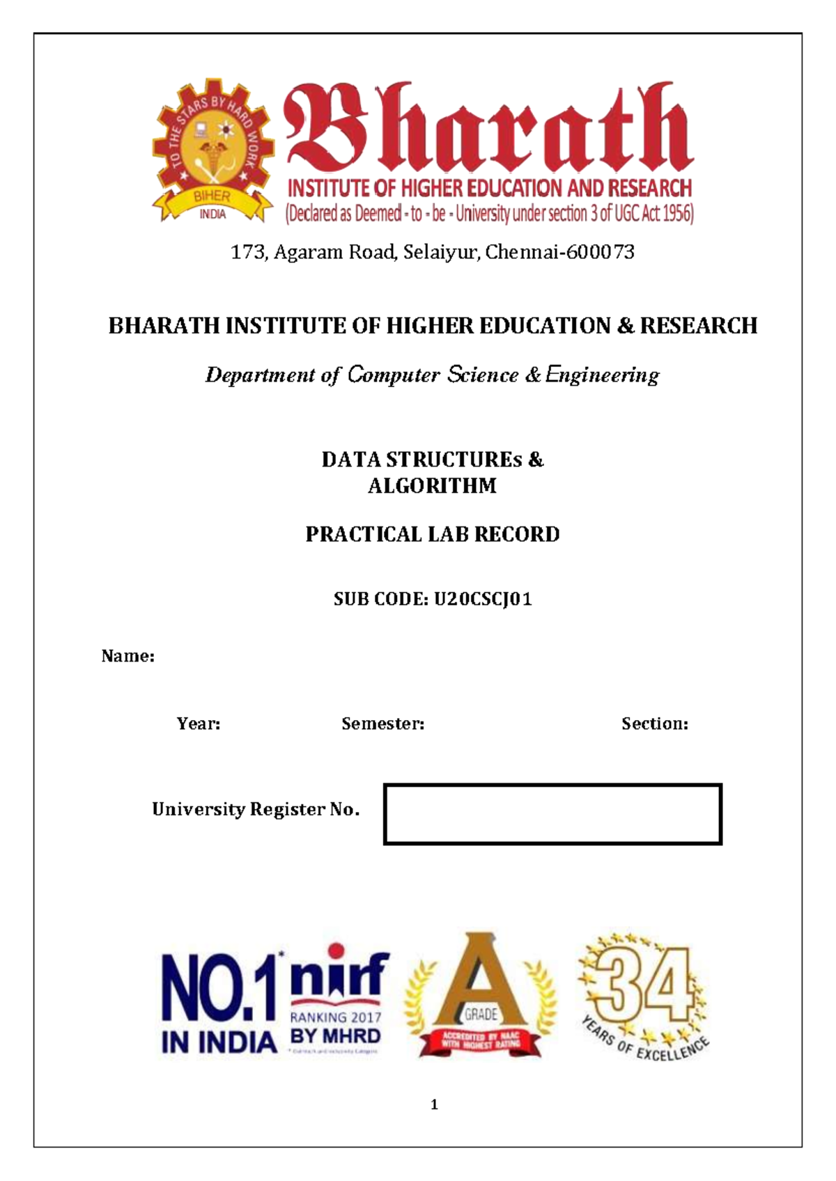 DSA lab record new - 173, Agaram Road, Selaiyur, Chennai- 600073 BHARATH INSTITUTE OF HIGHER ...