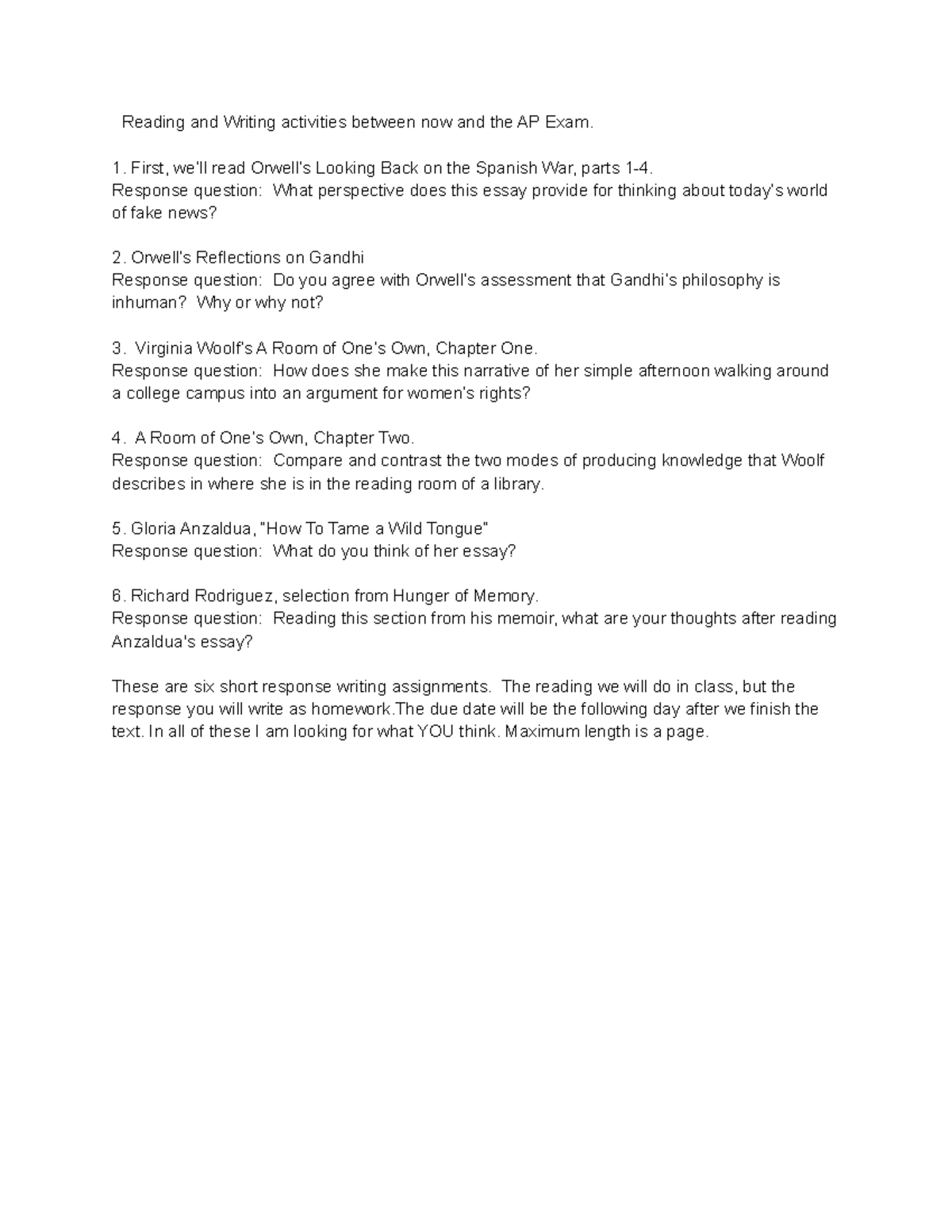 AP Lang - reading assignments - Reading and Writing activities between ...