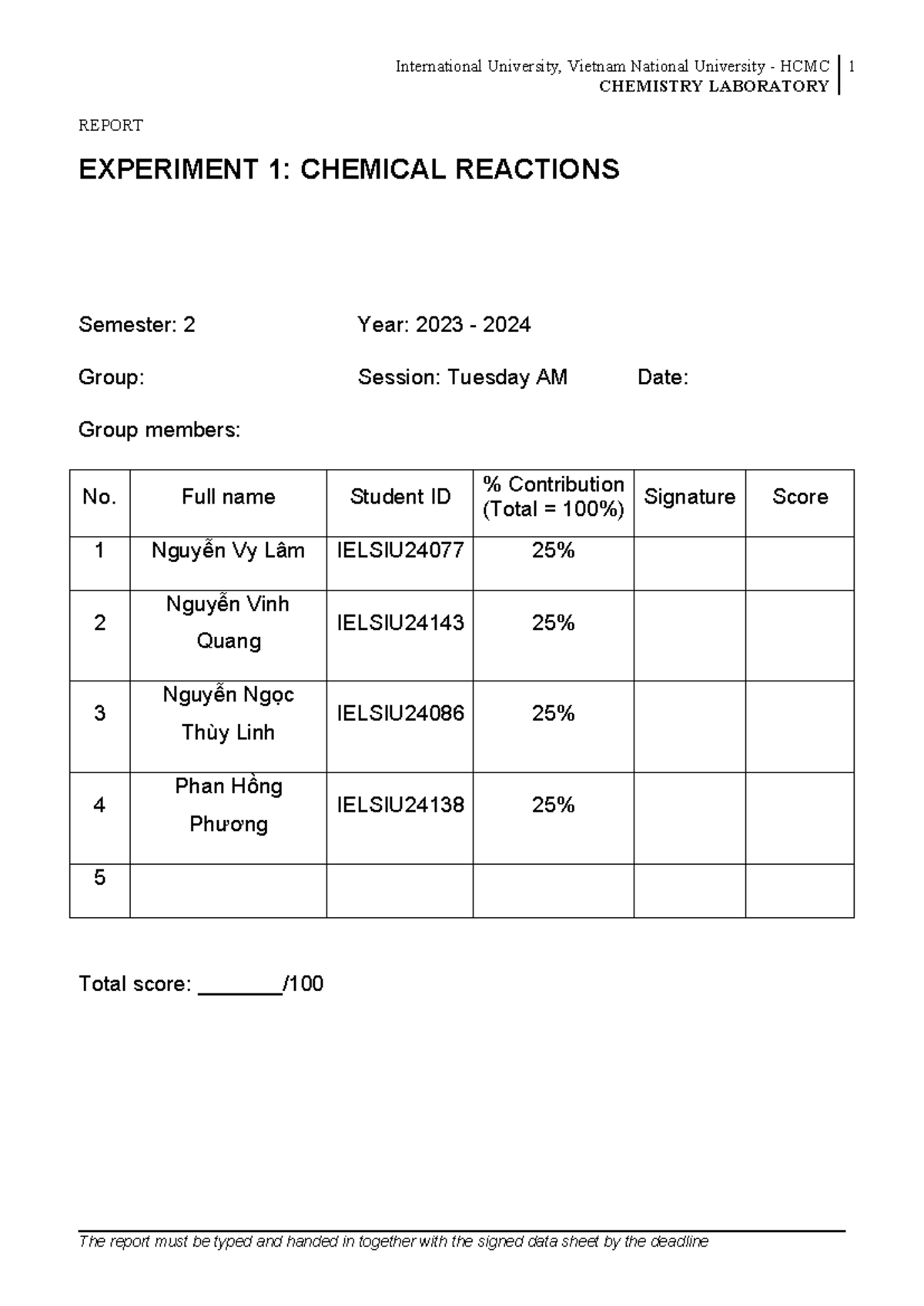 Chem Lab Report 1 Guideline - CHEMISTRY LABORATORY REPORT EXPERIMENT 1 ...