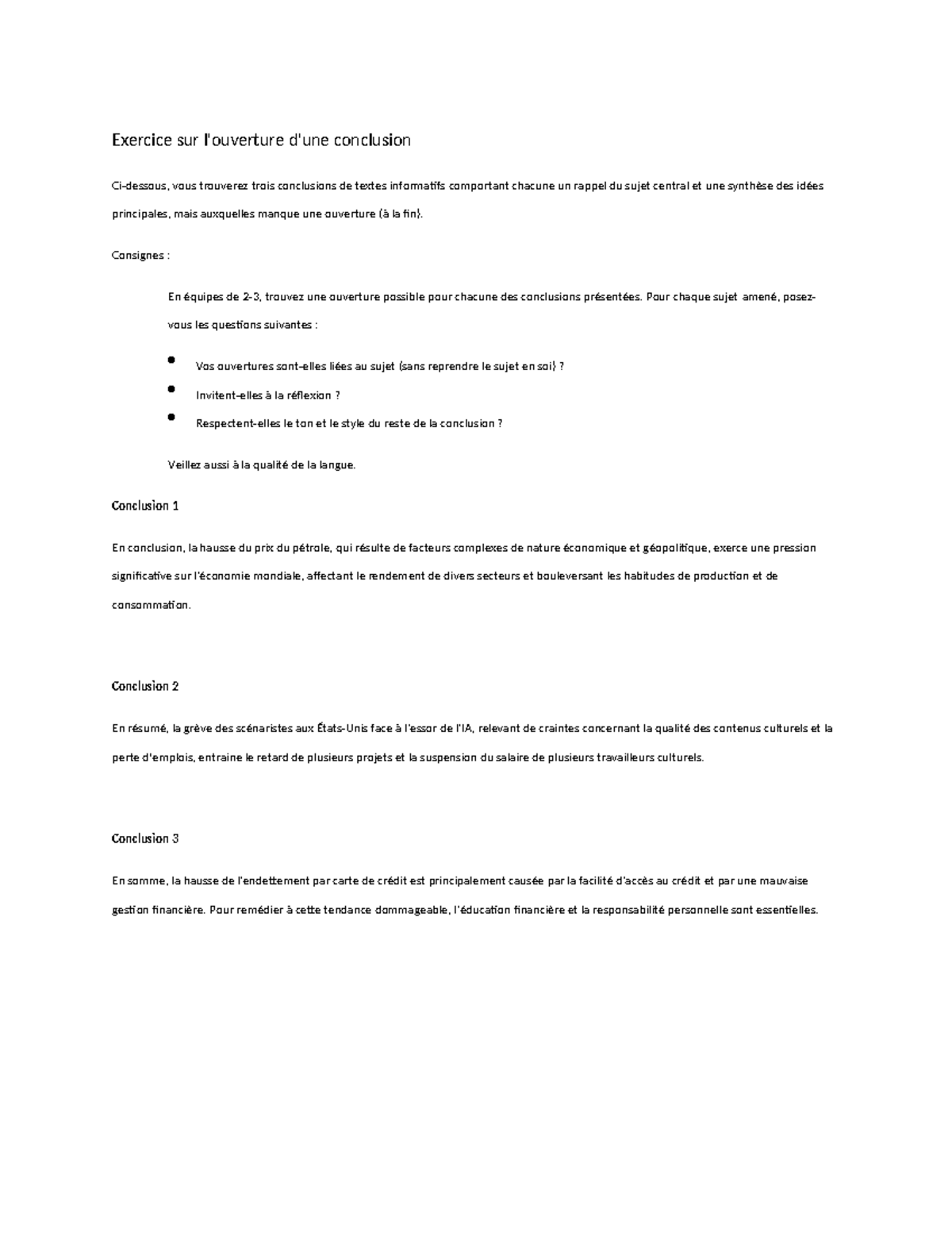Exercice sur l'ouverture d'une conclusion - Exercice sur l'ouverture d ...