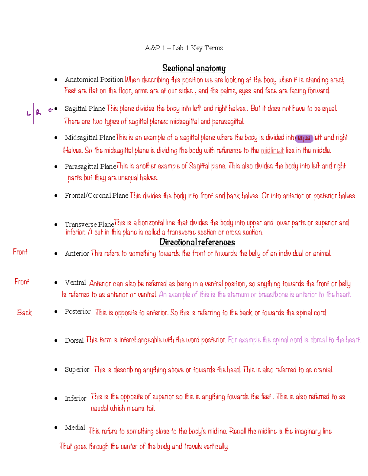 BIOD151 A&P1 Portage Learning Module 1 Lab 1 Notes - A&P 1 – Lab 1 Key ...