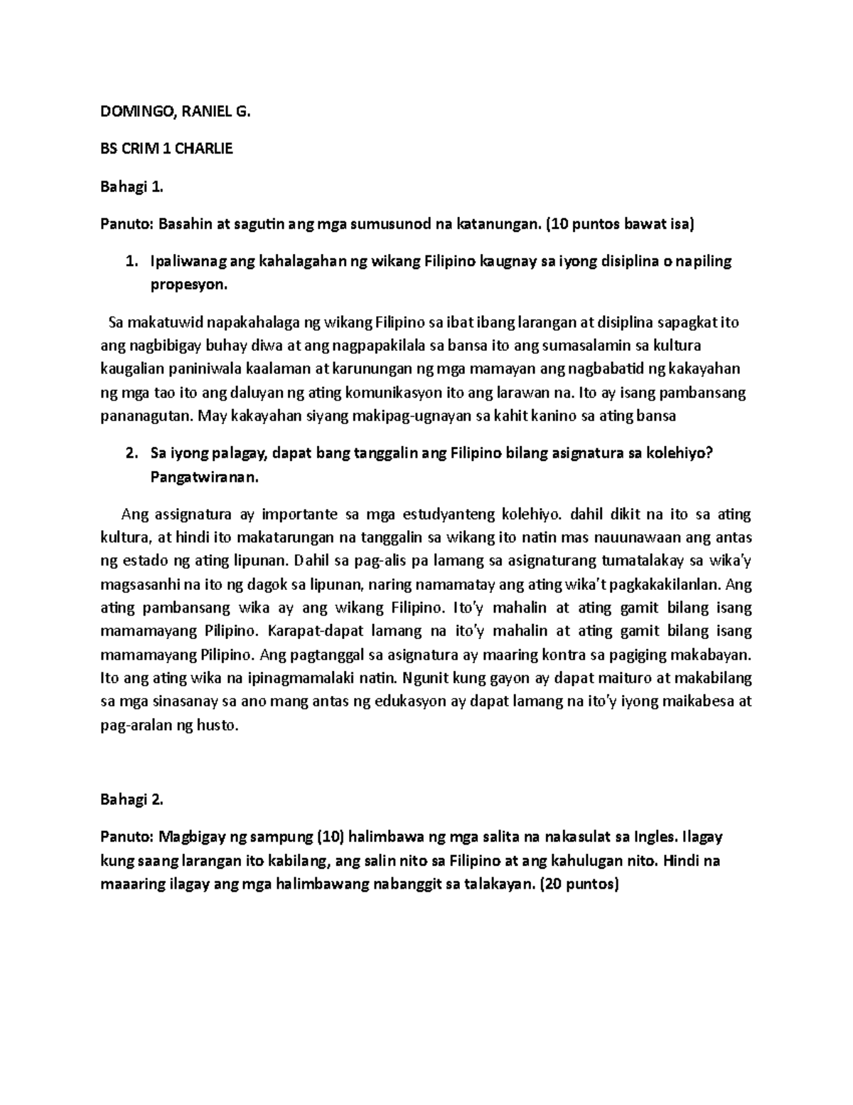 Domingo, Raniel G. GE FIL 2 (kabanata 2) - DOMINGO, RANIEL G. BS CRIM 1 ...