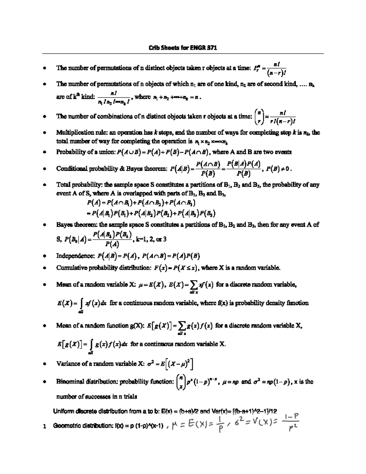 Final Exam Formula Sheet - Crib Sheets for ENGR 371 The number of ...