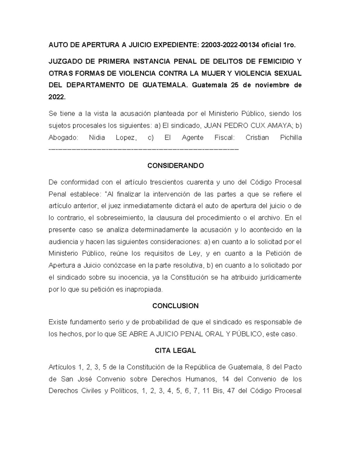 AUTO DE Apertura A Juicio - AUTO DE APERTURA A JUICIO EXPEDIENTE: 22003 -2022-00134 oficial 1ro ...