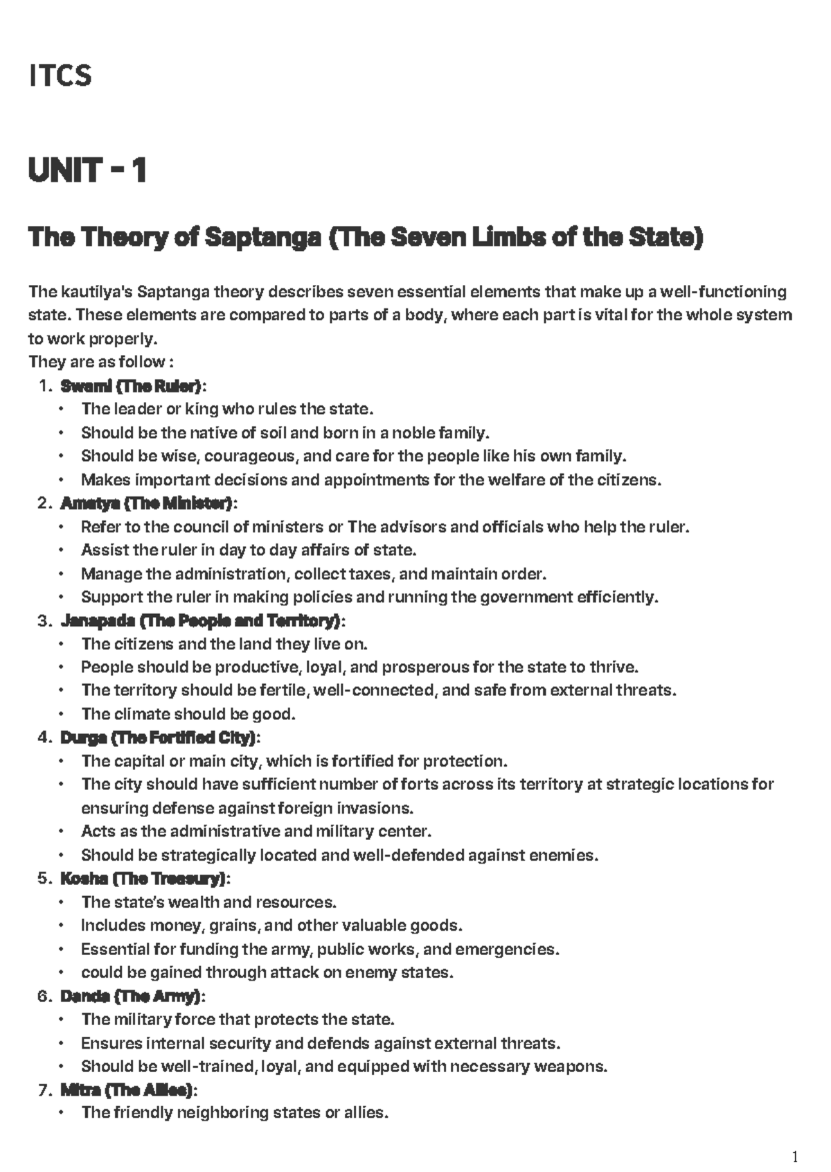 ITCS notes for 6-th sem - ITCS UNIT 1 The Theory of Saptanga (The Seven ...