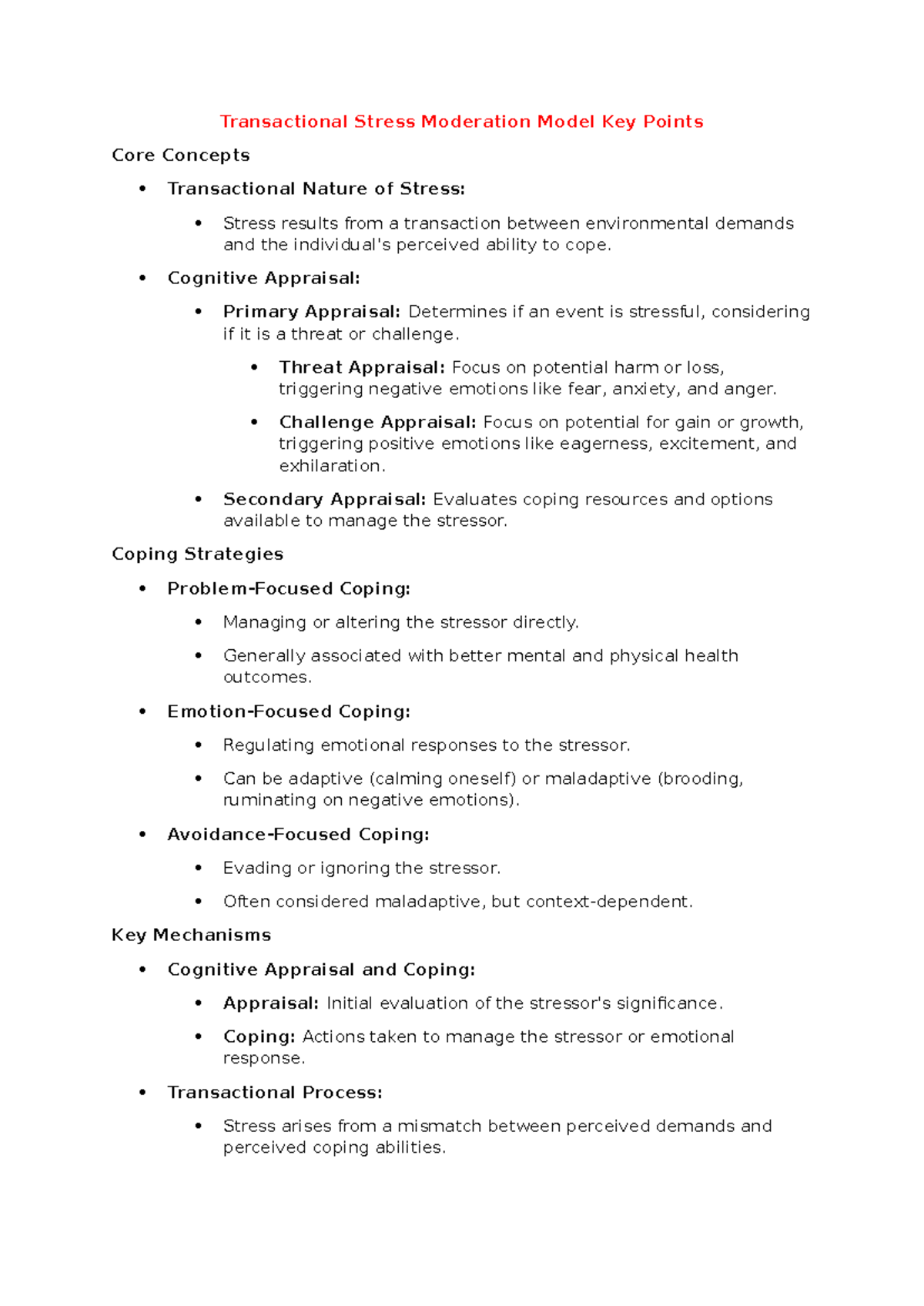 Transactional Stress Moderation Model Key Points - Cognitive Appraisal ...