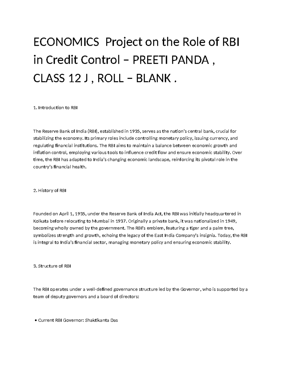 ECO Project on the Role of RBI in Credit Control - ECONOMICS Project on ...