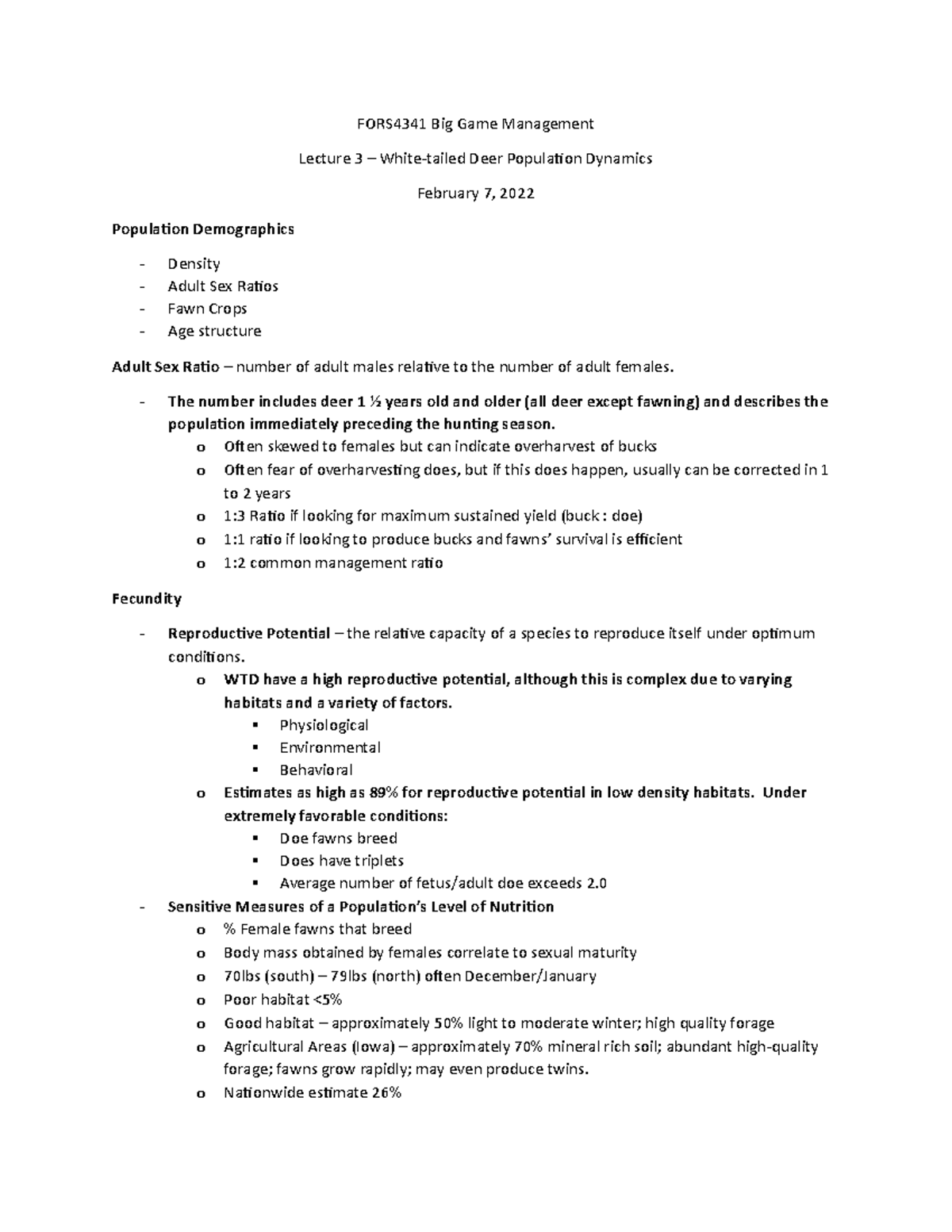 FORS4341 Deer Population Dynamics - FORS4341 Big Game Management ...