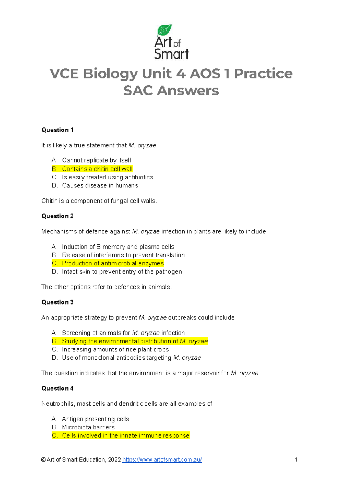 VCE Biology ART OF Smart Practice SAC U4 AOS1 - VCE Biology Unit 4 AOS ...