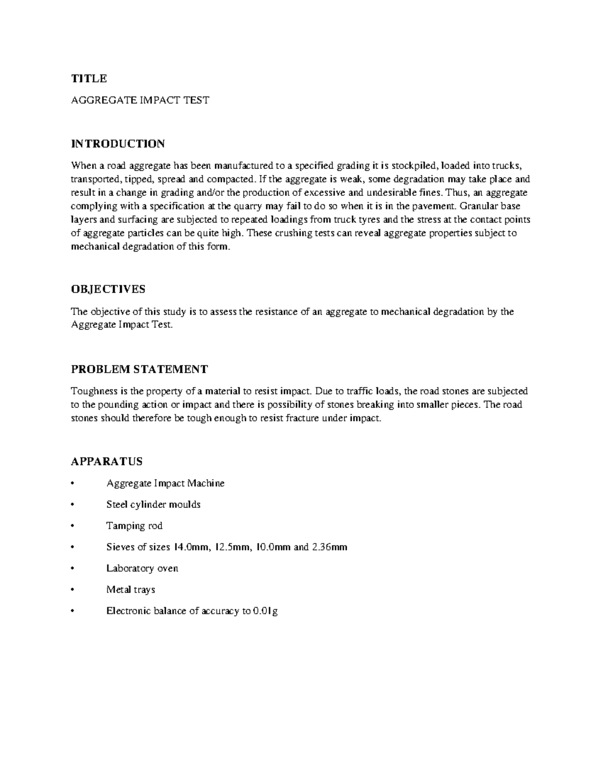 Aggregates impact test - TITLE AGGREGATE IMPACT TEST INTRODUCTION When ...