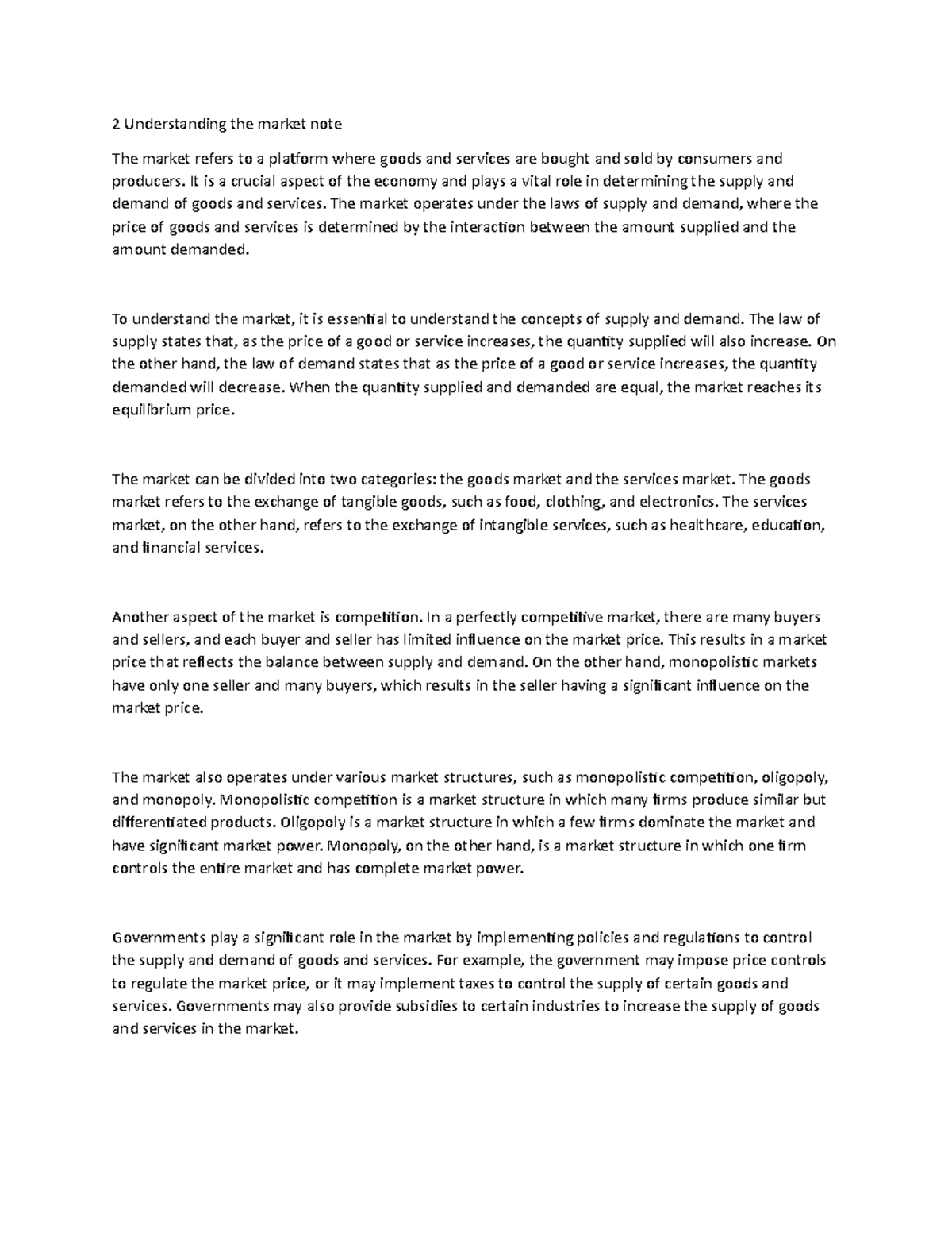 2 Understanding the market note - It is a crucial aspect of the economy ...