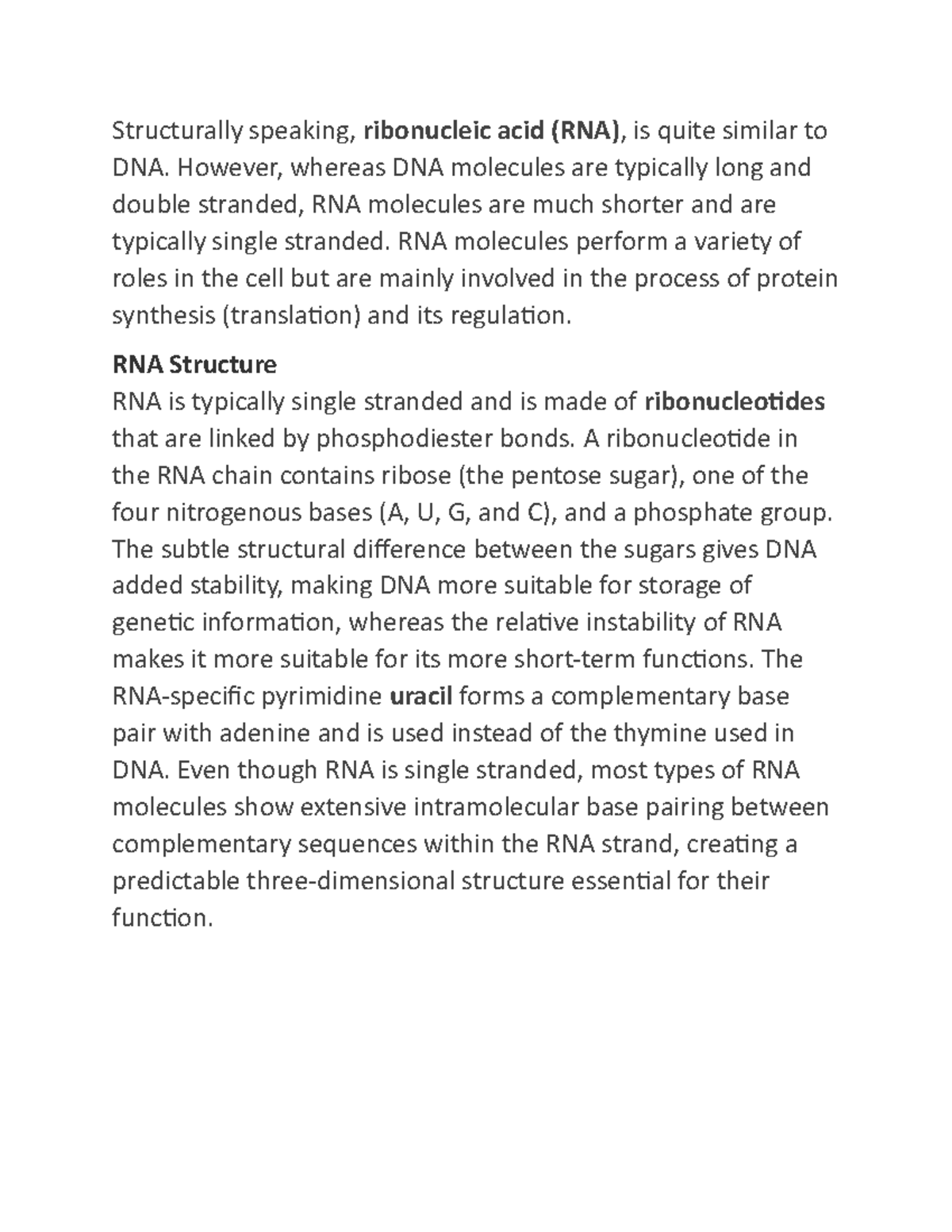 Structure and function of RNA - 17976 - BCU - Studocu