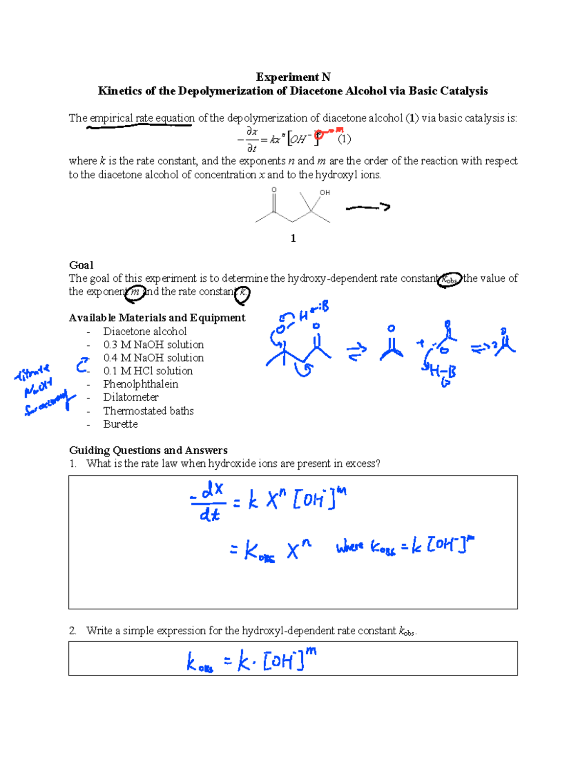 CHM 2330 2021-Experiment N - Experiment N Kinetics of the ...
