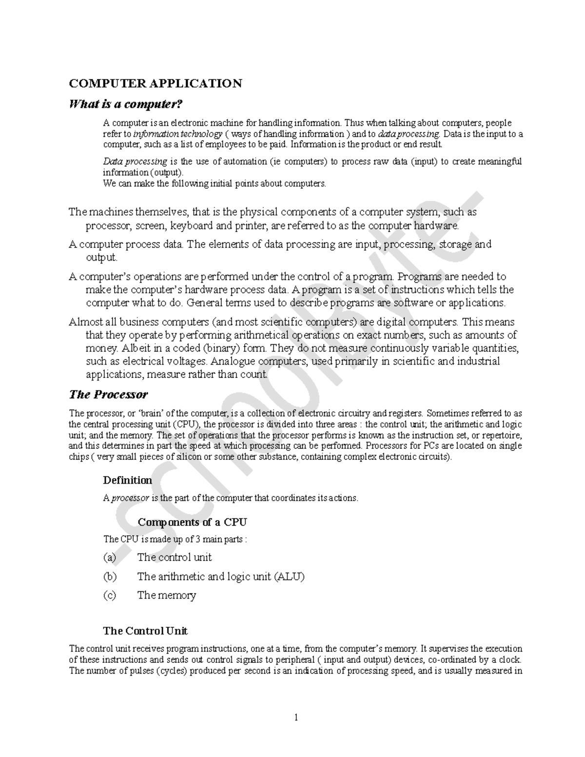 Computer Application I Theory Notes Computer Application What Is A Computer A Computer Is An