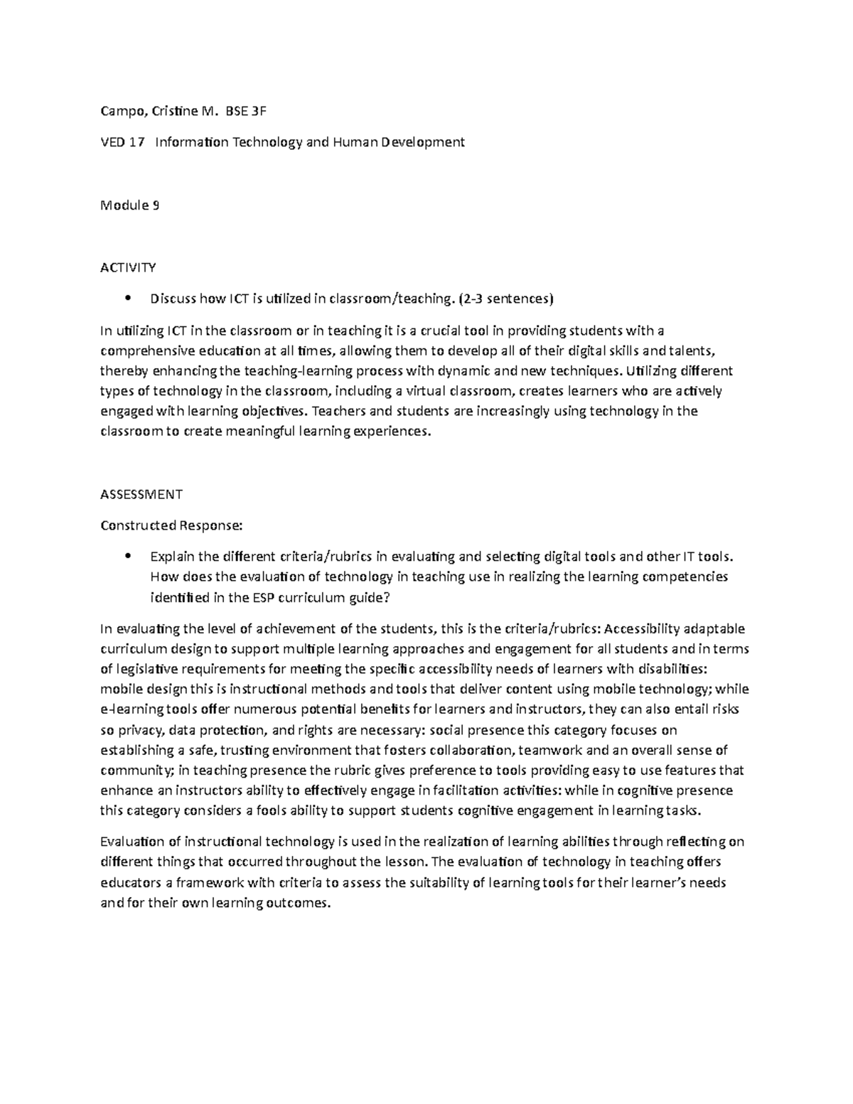 Module 9 - see - Campo, Cristine M. BSE 3F VED 17 Information ...