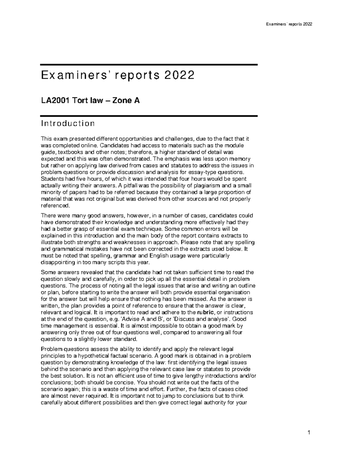 Tort-report-(examination report) - Examiners’ reports 2022 Examiners ...