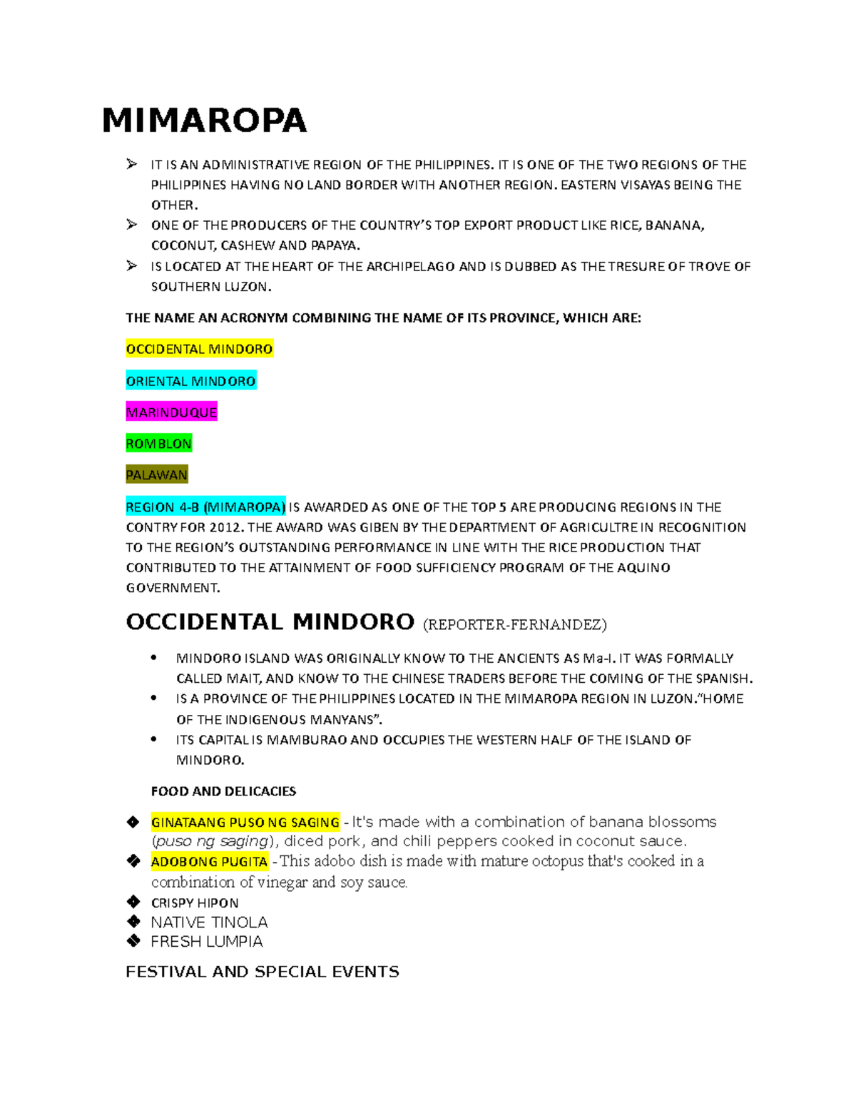 Mimaropa Report - short summary - The Contemporary World - Studocu