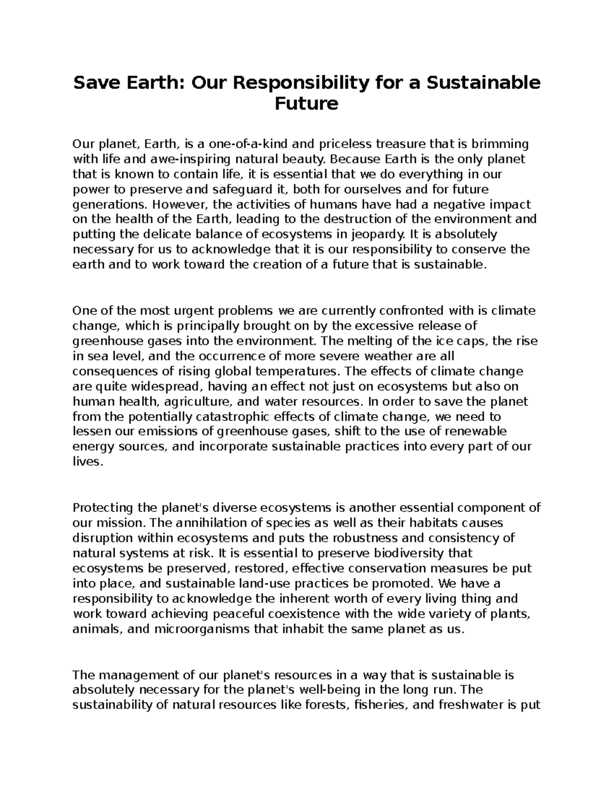 Save Earth - Our Responsibility for a Sustainable Future (Essay) - Save ...