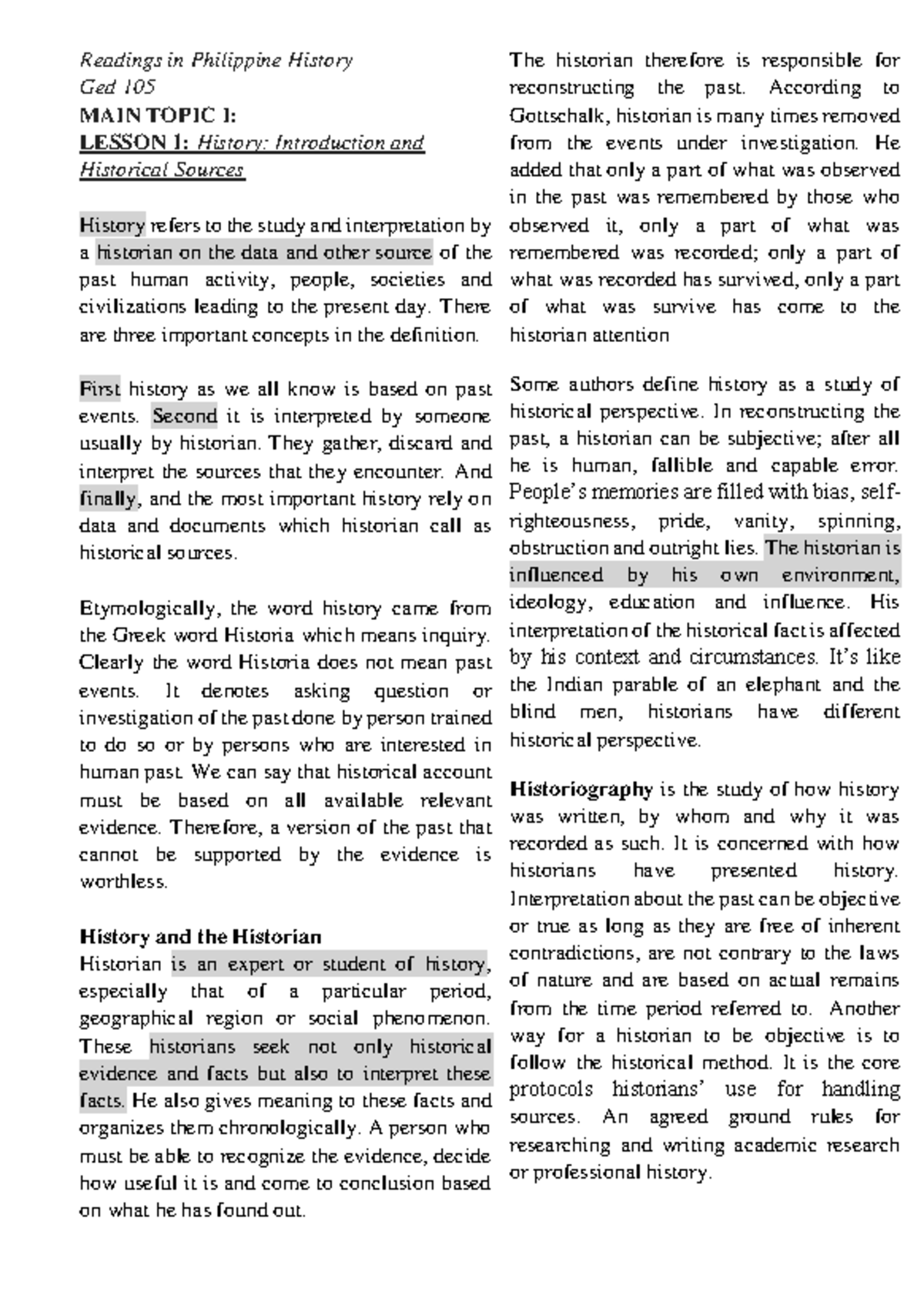 PH- History - Readings in Philippine History Ged 105 MAIN TOPIC I ...