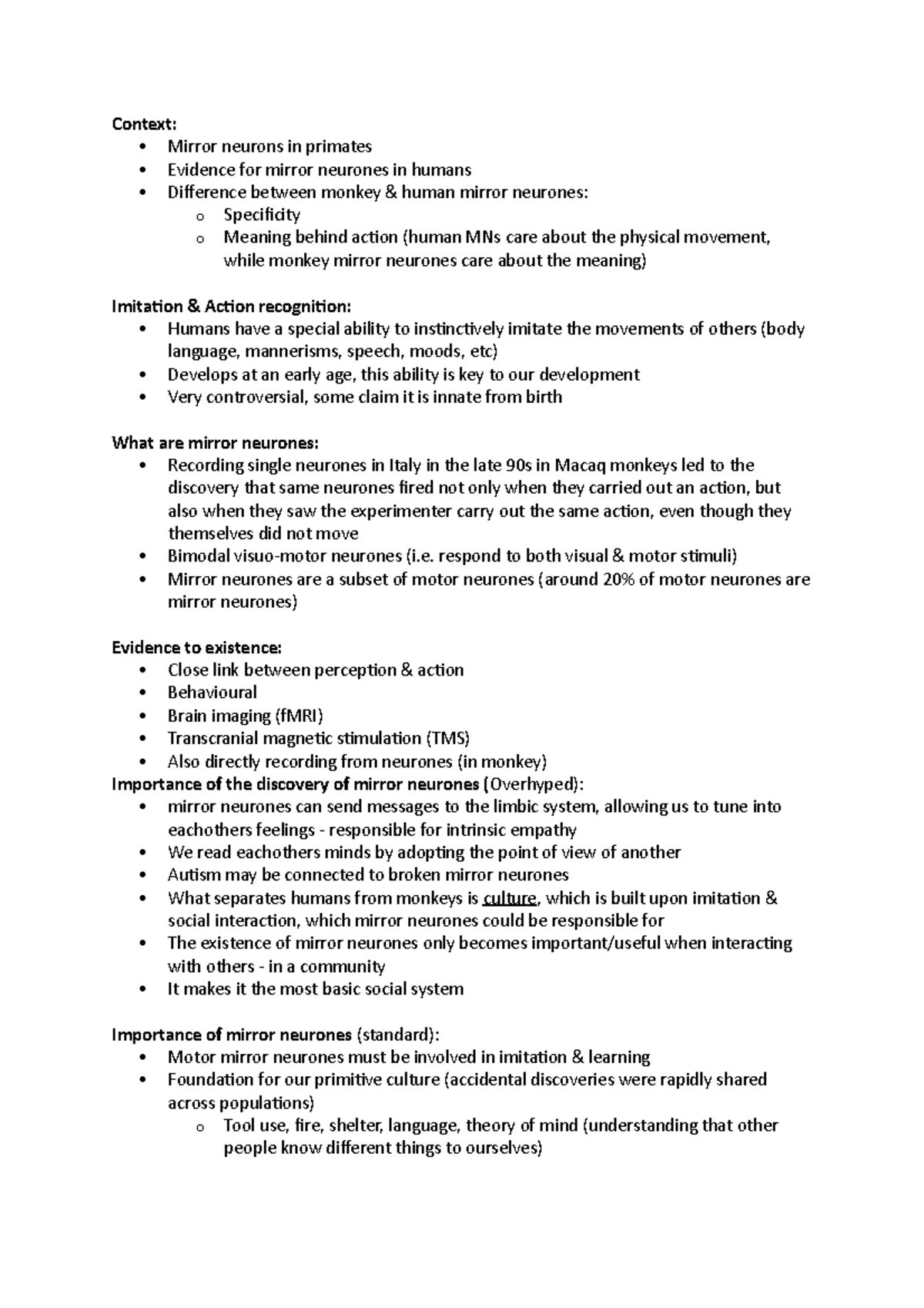 Perception And Action Lecture 9 Context Mirror Neurons In Primates Evidence For Mirror Neurones