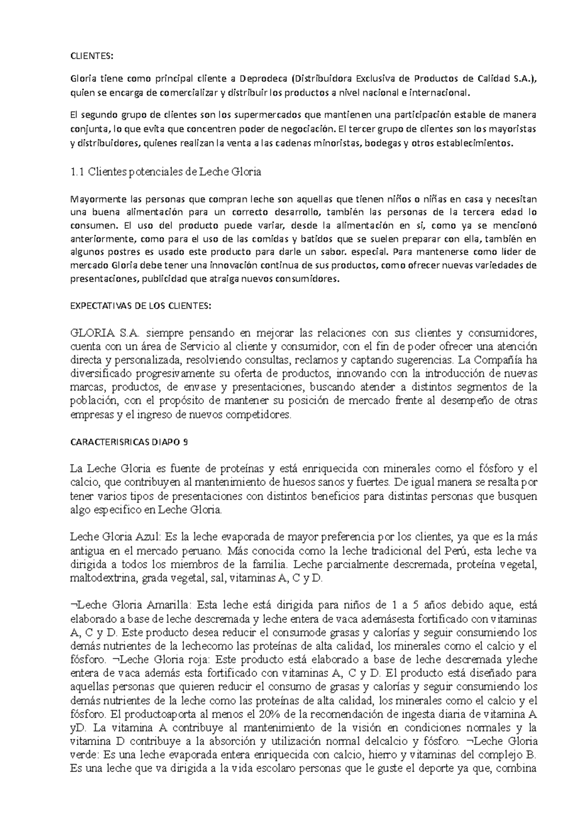 Clientes - leer - CLIENTES: Gloria tiene como principal cliente a ...