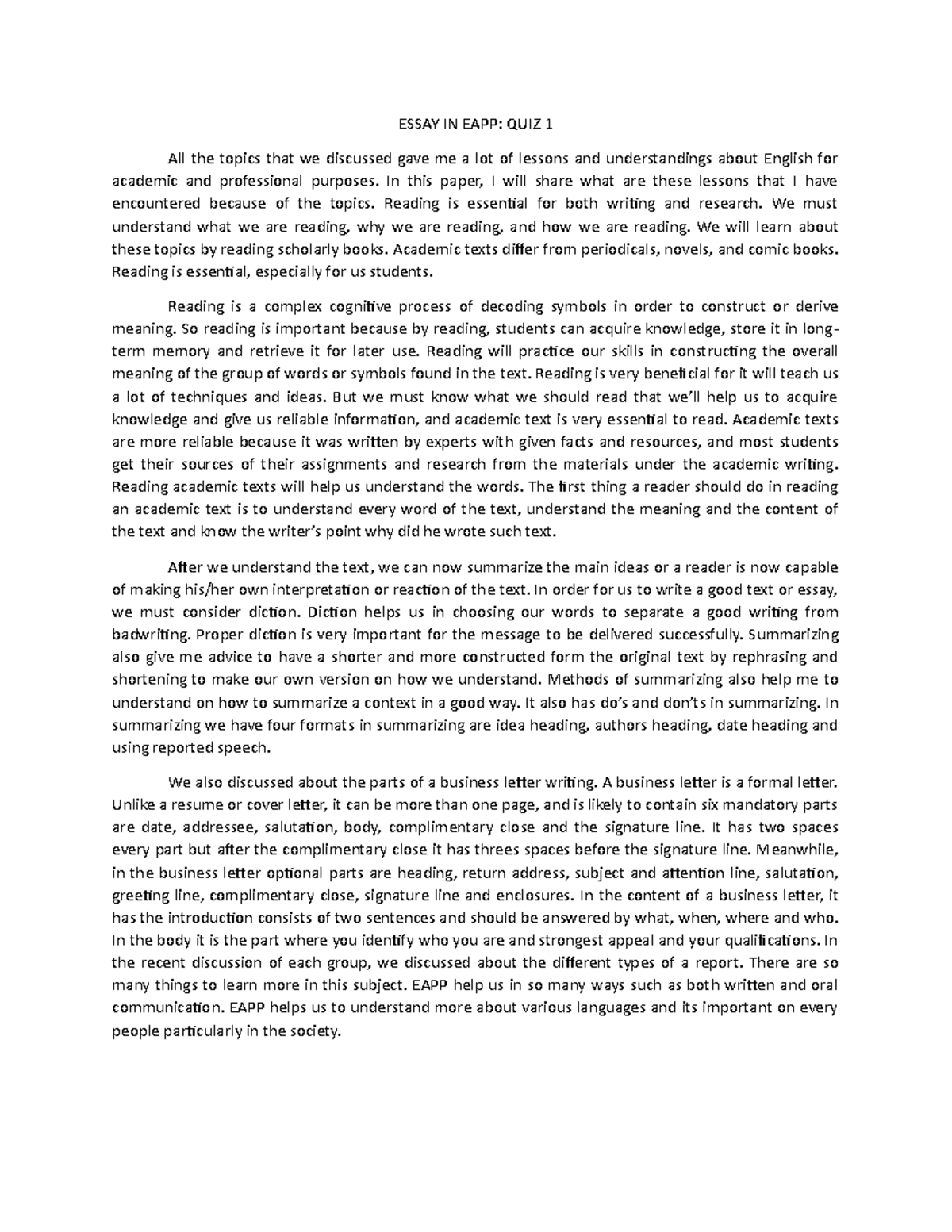 Essay IN EAPP - ok - ESSAY IN EAPP: QUIZ 1 All the topics that we ...