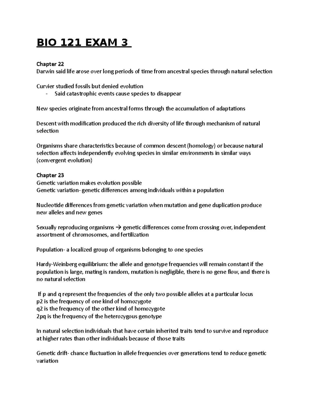 BIO 121 EXAM 3 - BIO 121 Exam 3 Notes - BIO 121 EXAM 3 Chapter 22 ...