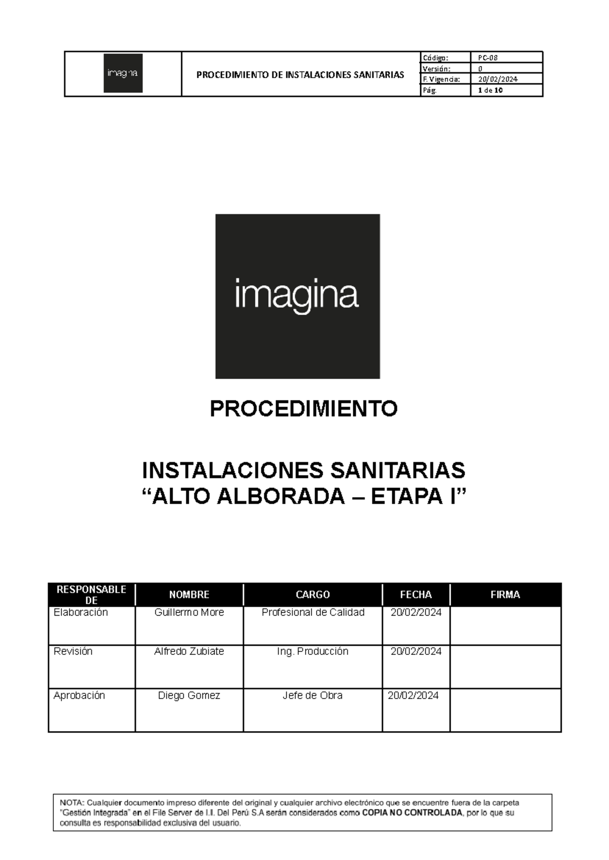 PC- 08 Intalaciones Sanitarias Ver. 0 - PROCEDIMIENTO DE INSTALACIONES SANITARIAS Versión: 0 F ...