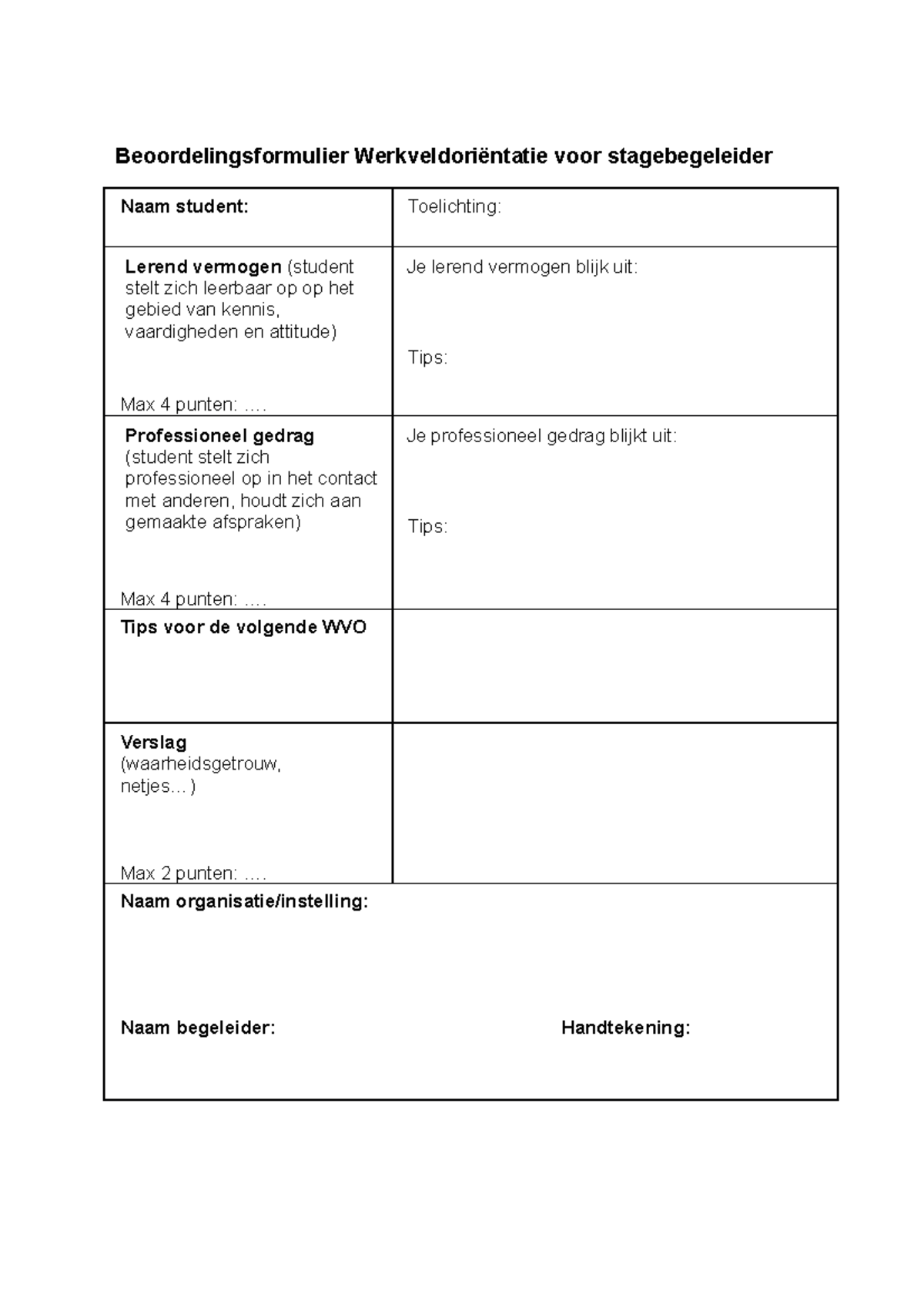 Stage opdracht voor begeleider invullen - Beoordelingsformulier ...