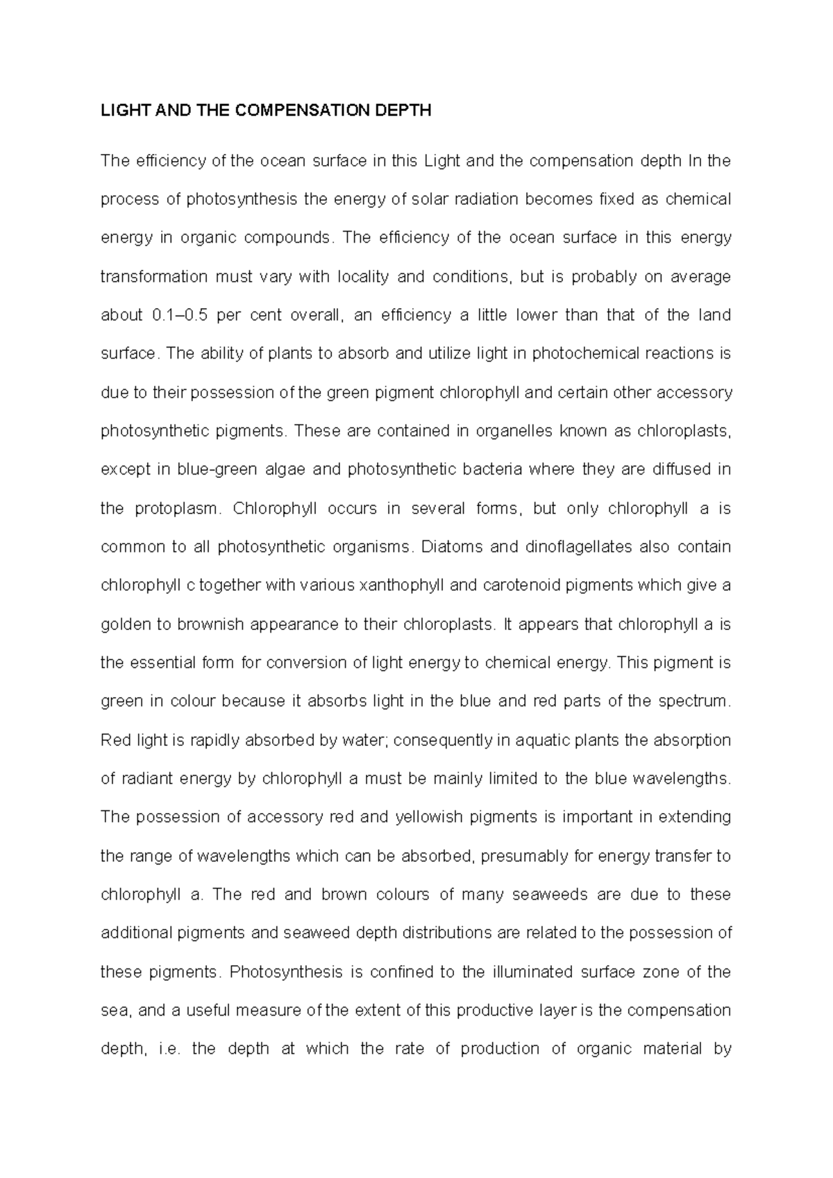 Lecture Notes Light AND THE Compensation Depth - LIGHT AND THE ...