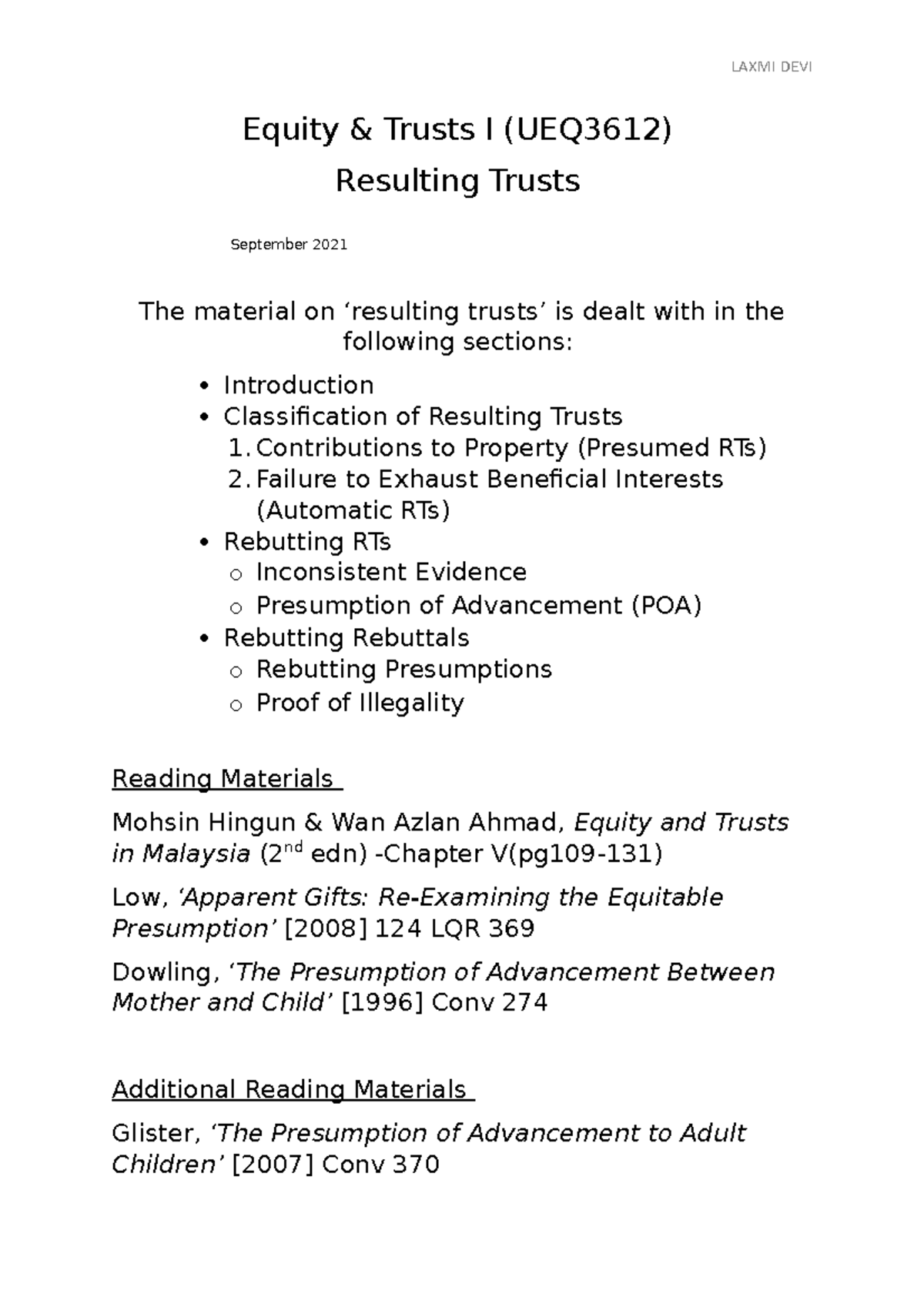 Resulting Trusts - Resulting trust ii. Constrictive trust Arise by ...