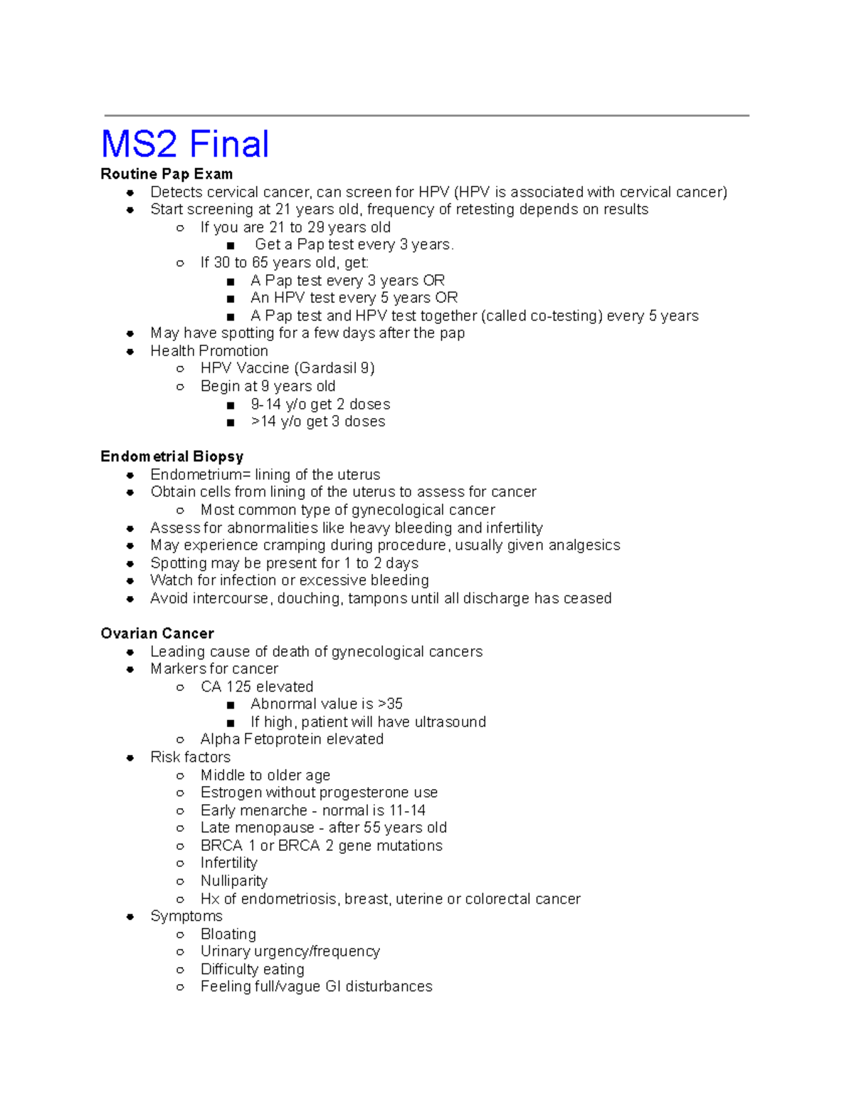 Final Review MS2 - MS2 Final Routine Pap Exam Detects cervical cancer ...