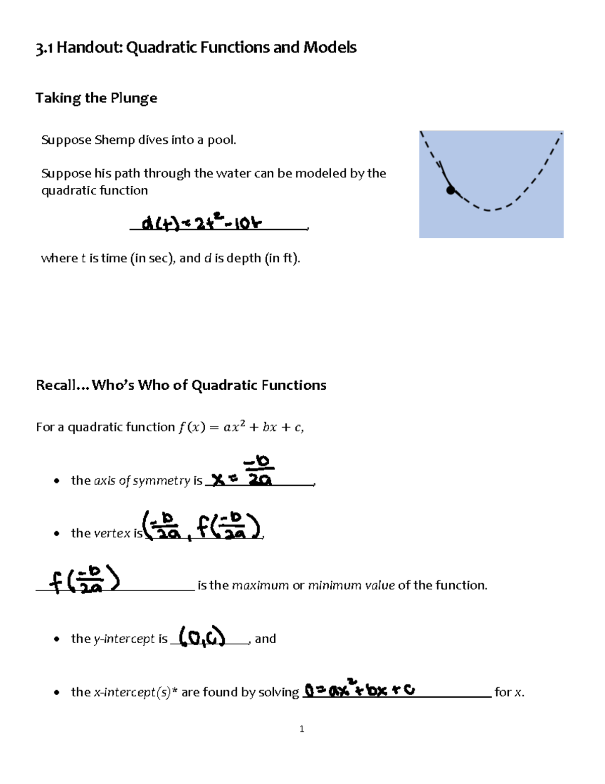 3 - Prof. Jennifer Davis - 1 3 Handout: Quadratic Functions and Models Taking the Plunge Suppose ...