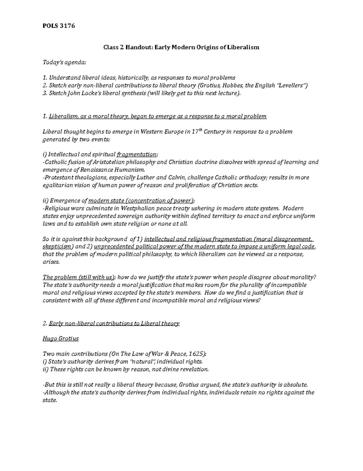 Class 2 Handout - Lecture 2 - POLS 3176 Class 2 Handout: Early Modern ...