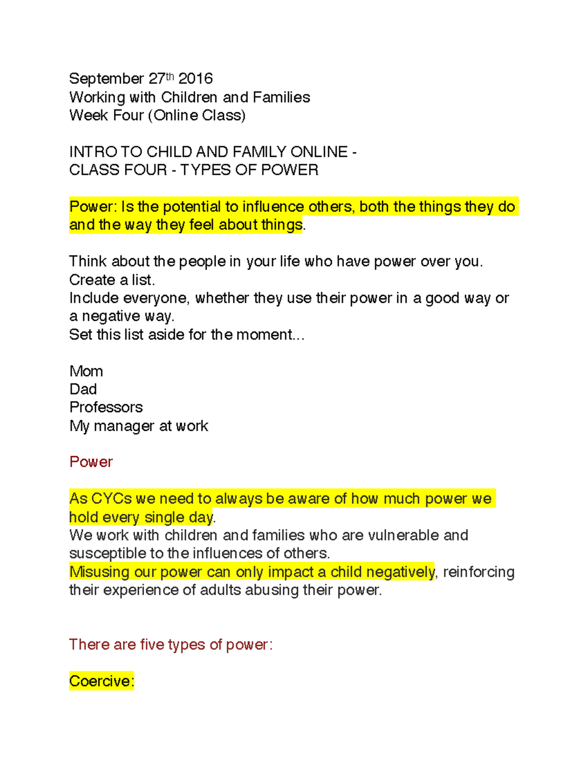 Week Four - Lecture notes 4 - September 27th 2016 Working with Children ...