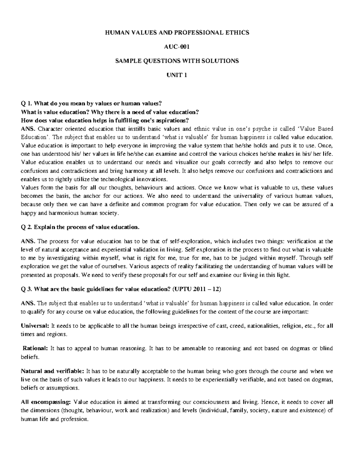 MCA-I HVPE-Sample-Questions - HUMAN VALUES AND PROFESSIONAL ETHICS AUC ...