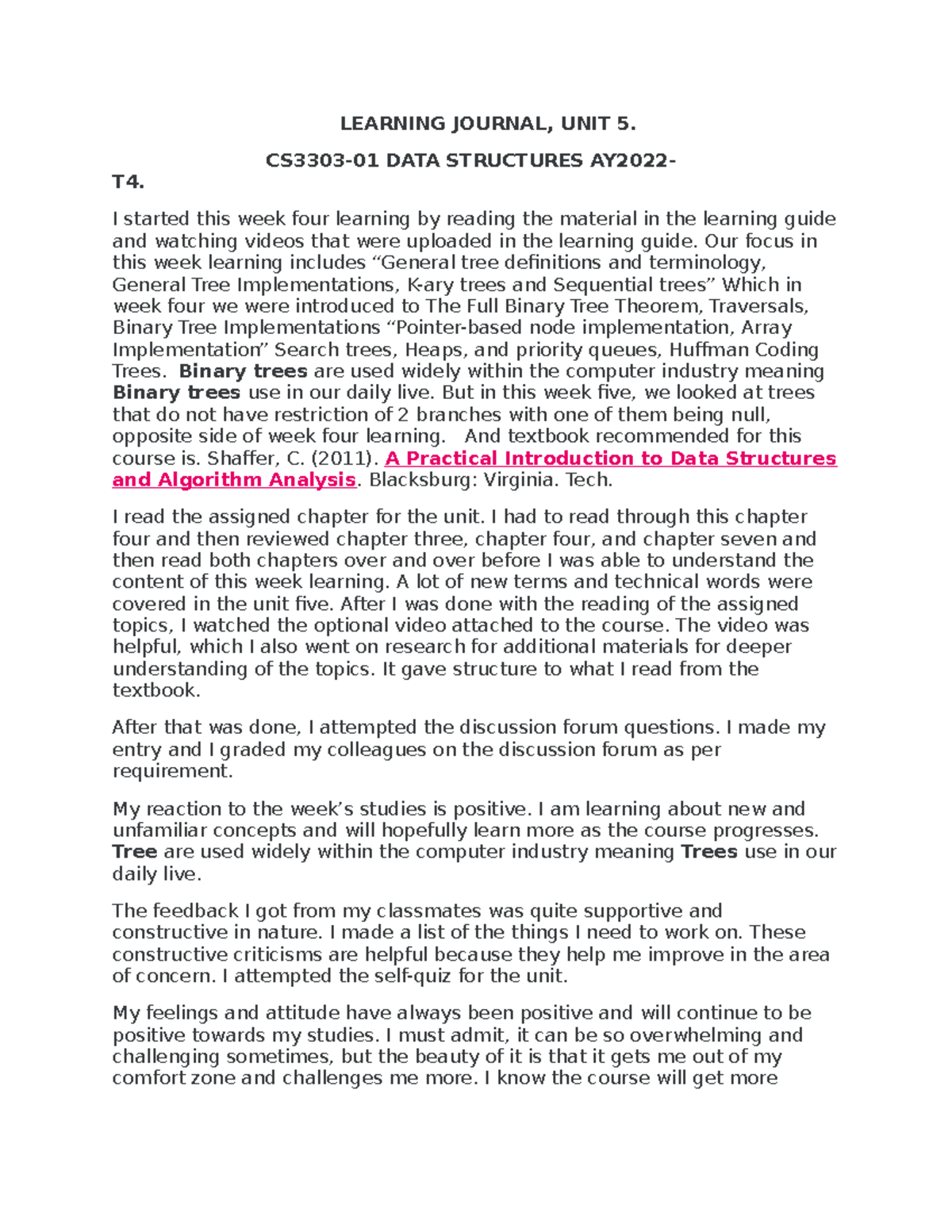 Learning Journal UNIT 5 - LEARNING JOURNAL, UNIT 5. CS3303-01 DATA STRUCTURES AY2022- T4. I ...