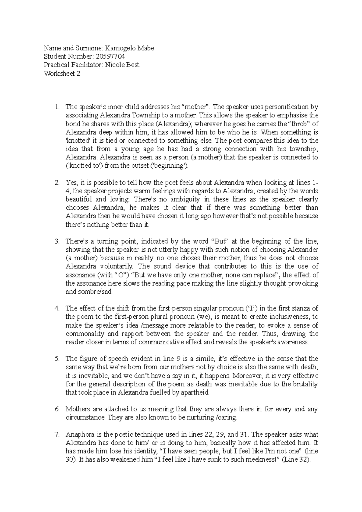 English 120 Worksheet 2 - Answers: Poetry worksheet - Name and Surname ...