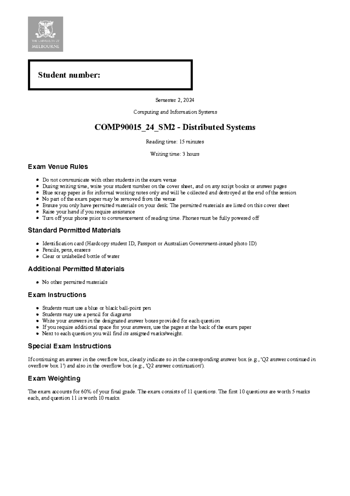 COMP90015 S2 2024 Sample Exam - Student number: Semester 2, 2024 Computing and Information ...