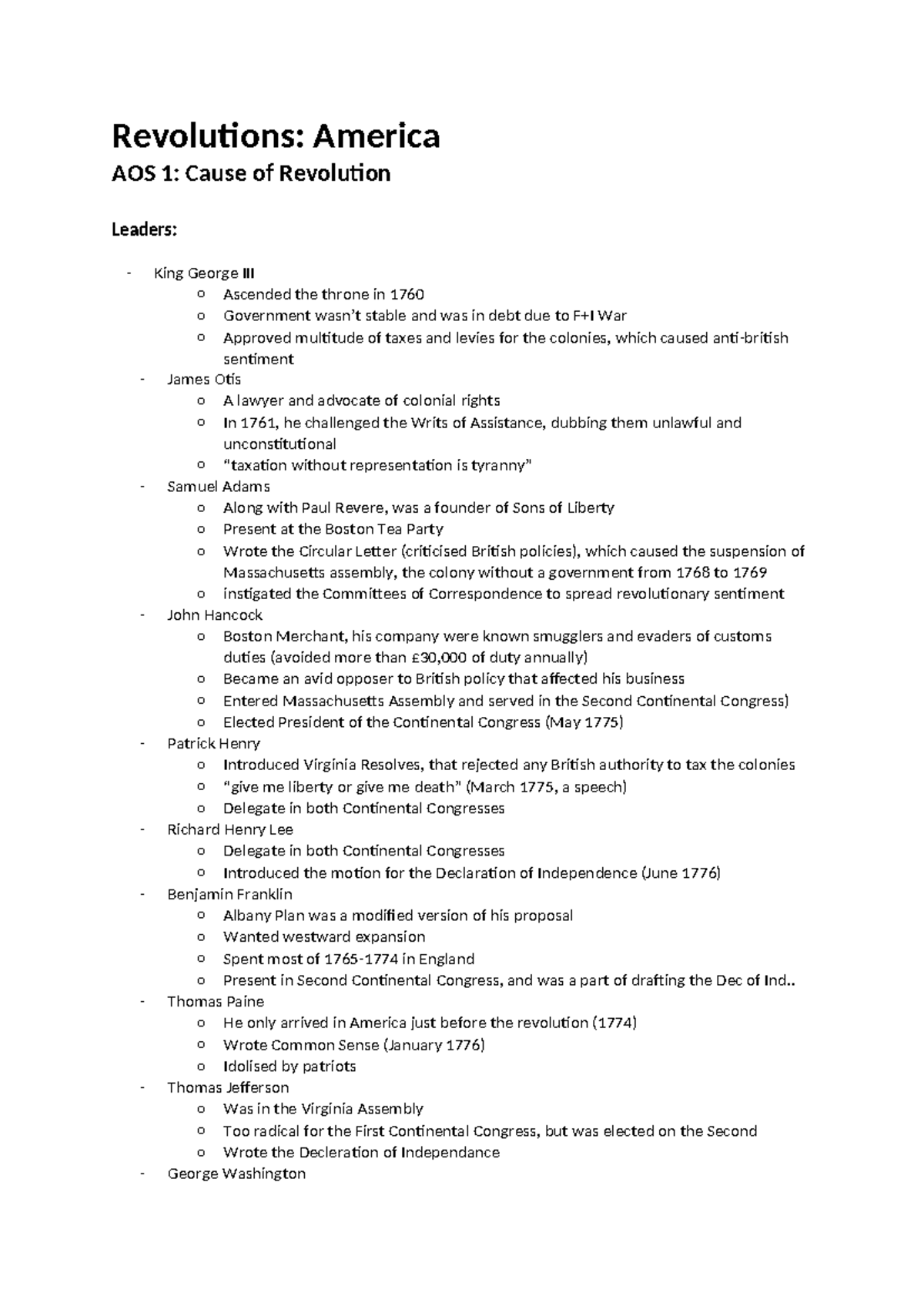 America Notes - Revolutions: America AOS 1: Cause of Revolution Leaders ...