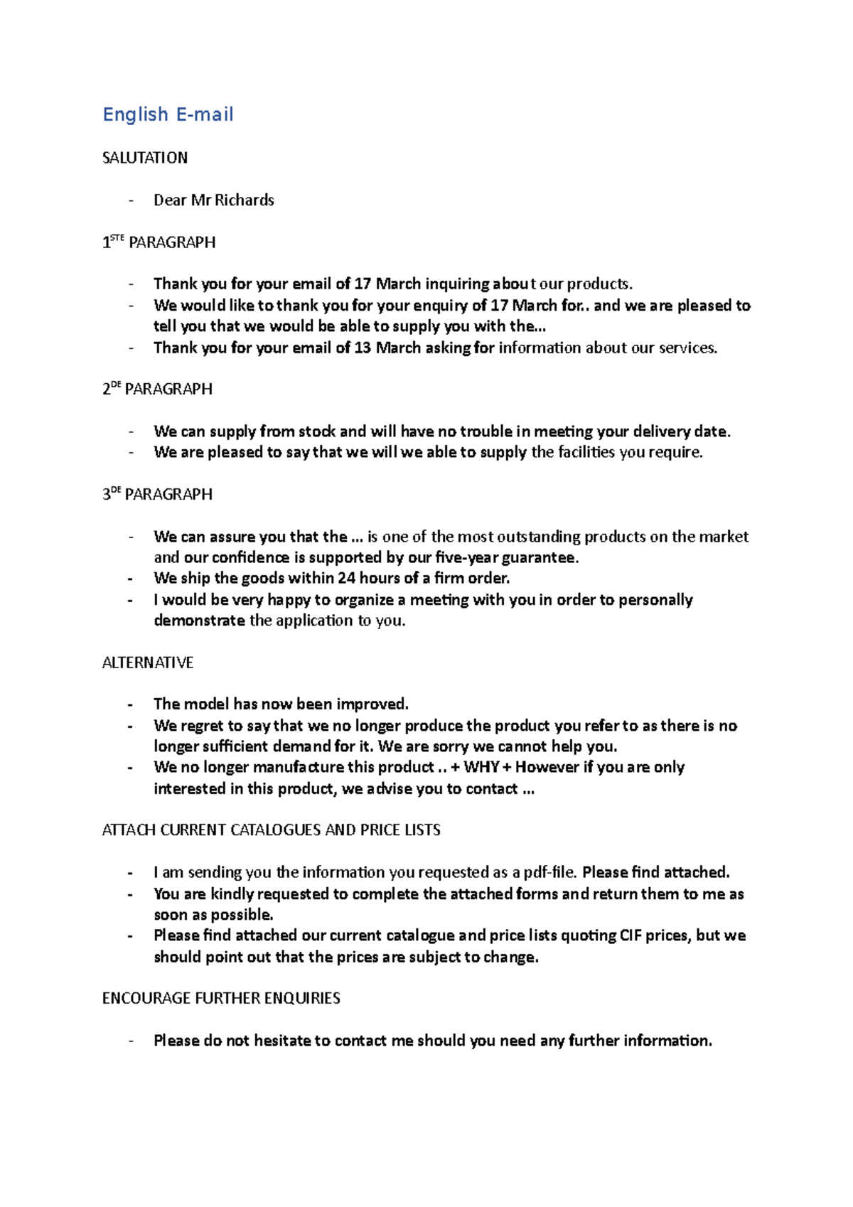 English E - REPLY EMAIL ENQUIRY nodige zinnen en opstelling e-mail ...