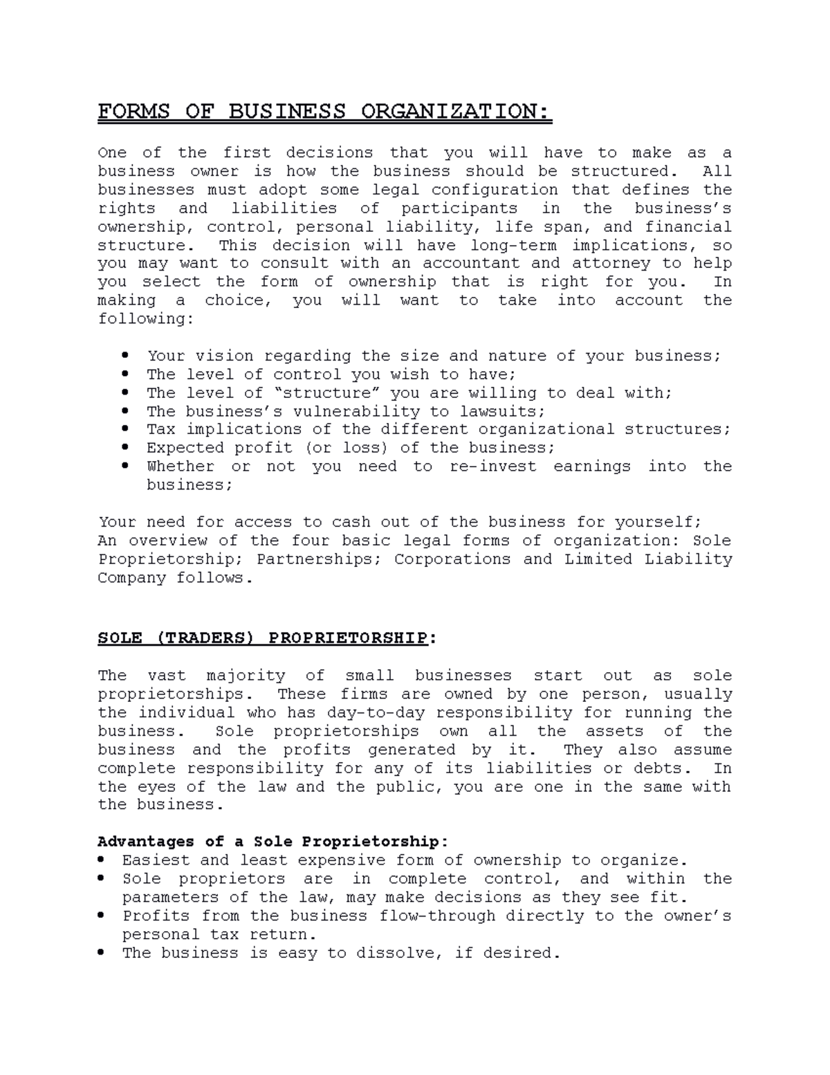 Forms of Business Organization - FORMS OF BUSINESS ORGANIZATION: One of ...